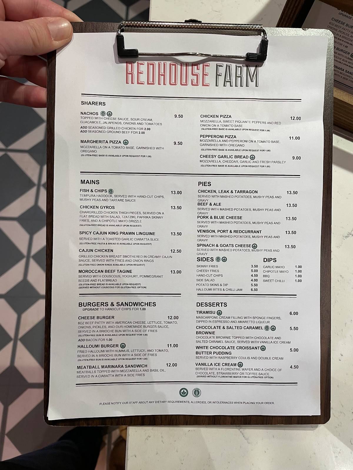 Menu at Red House Farm Public House, Whitley Bay