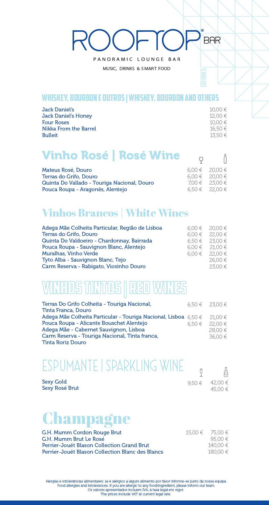 Menu at ROOFTOP Bar - Hotel Mundial, Lisbon