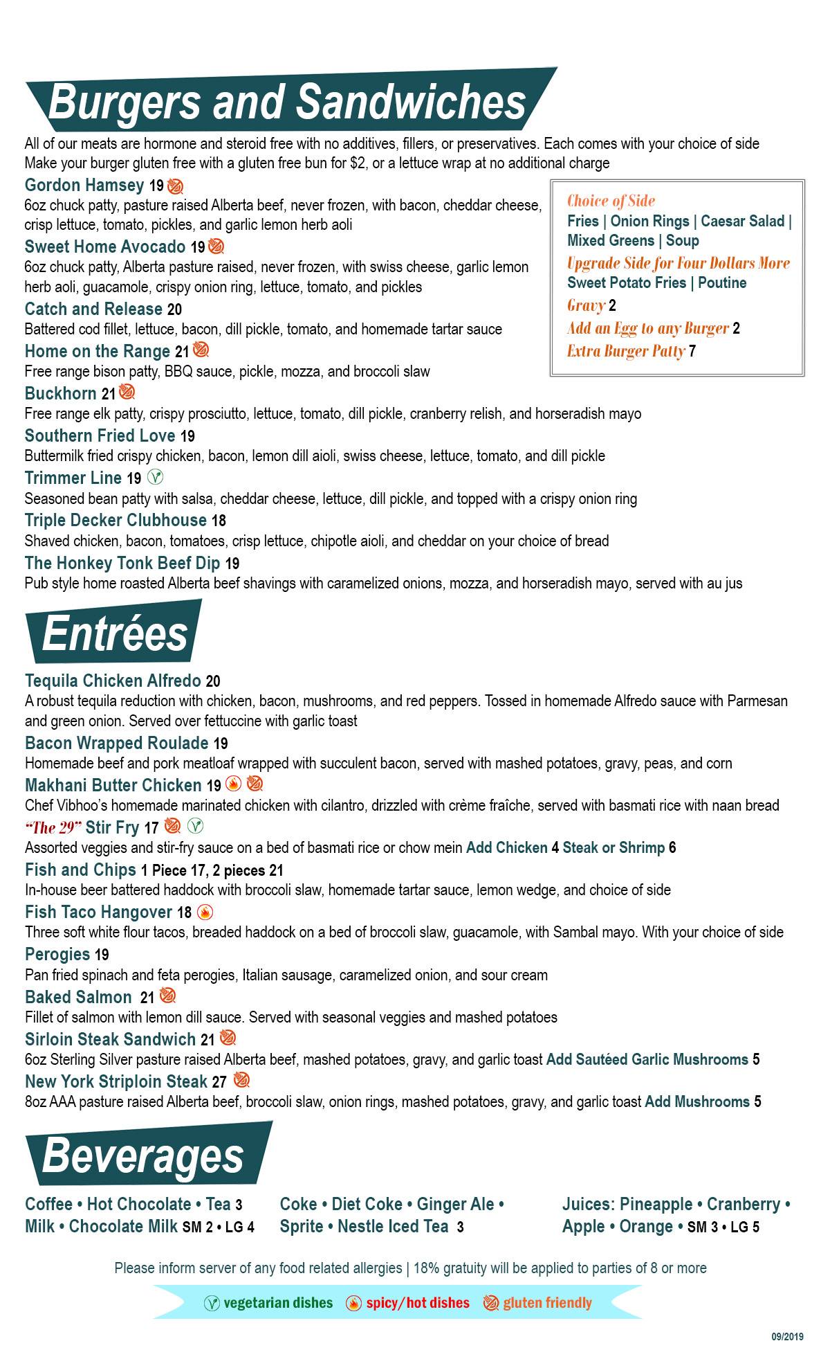 Menu at Runway 29 Restaurant Bar Pub, Edmonton