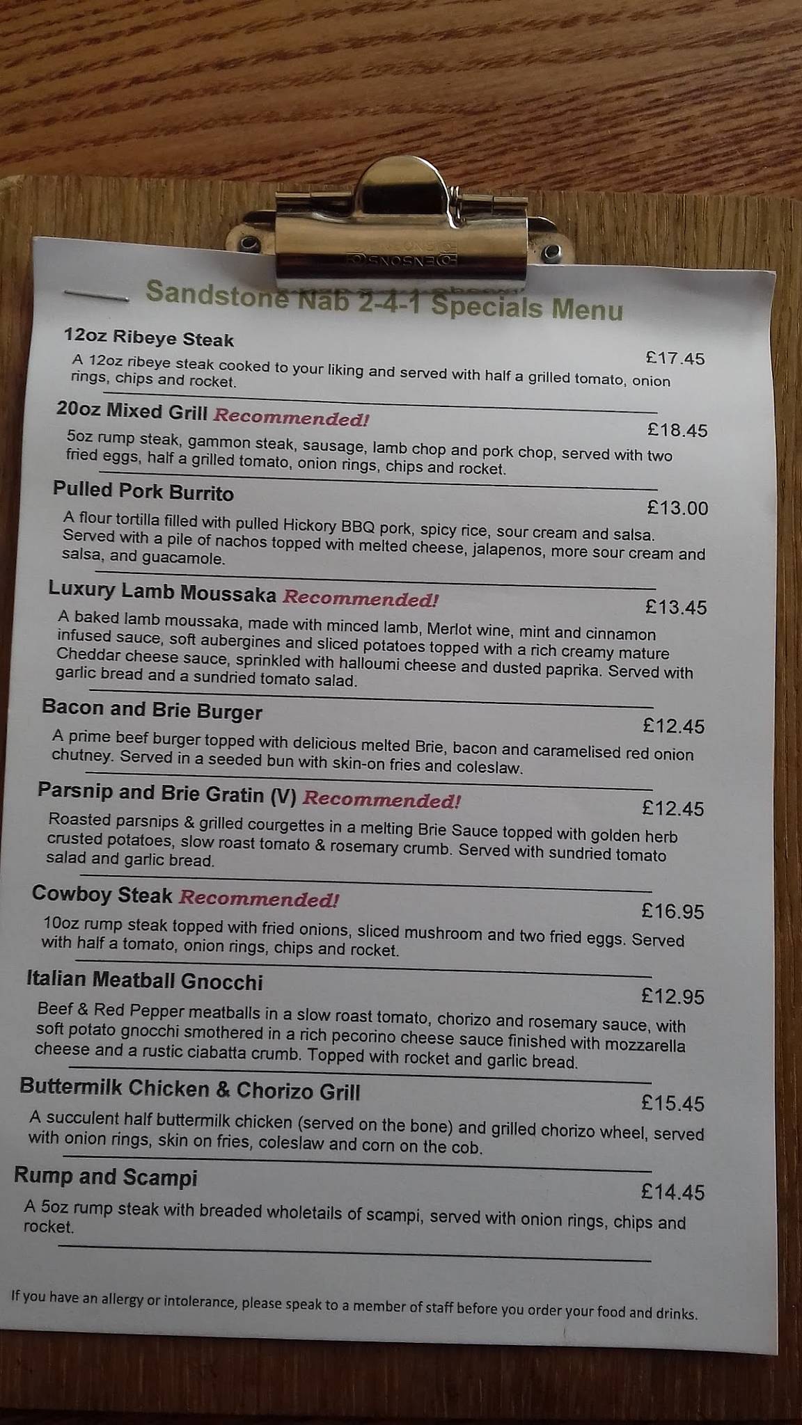 Menu at Sandstone Nab pub & bar, Middlesbrough