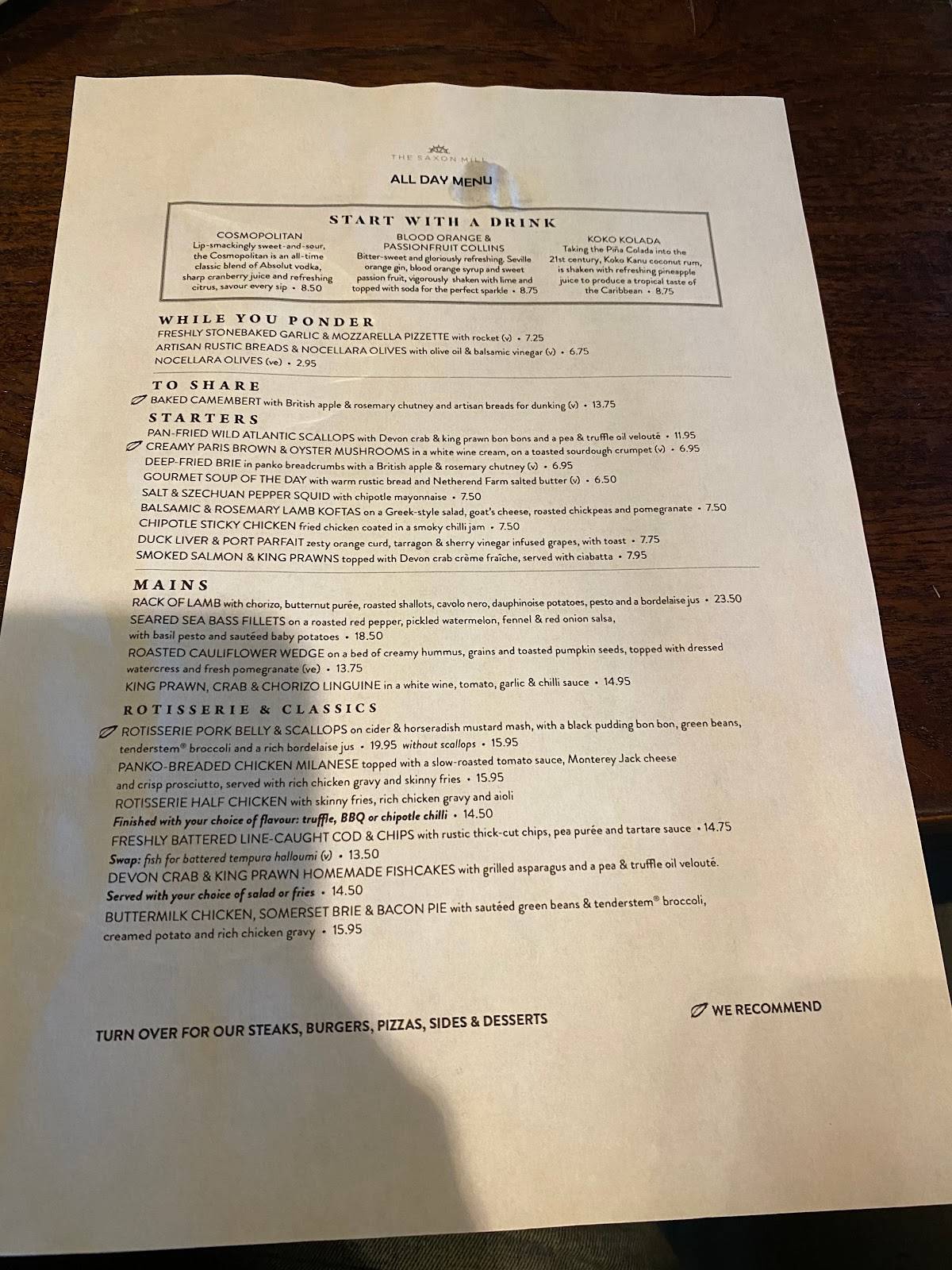 Menu at Saxon Mill Warwick pub & bar, Warwick
