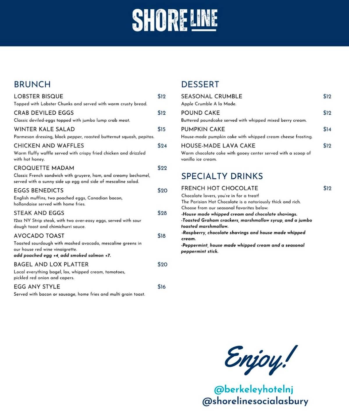 Menu at Shoreline Social Club & Grille, Asbury Park