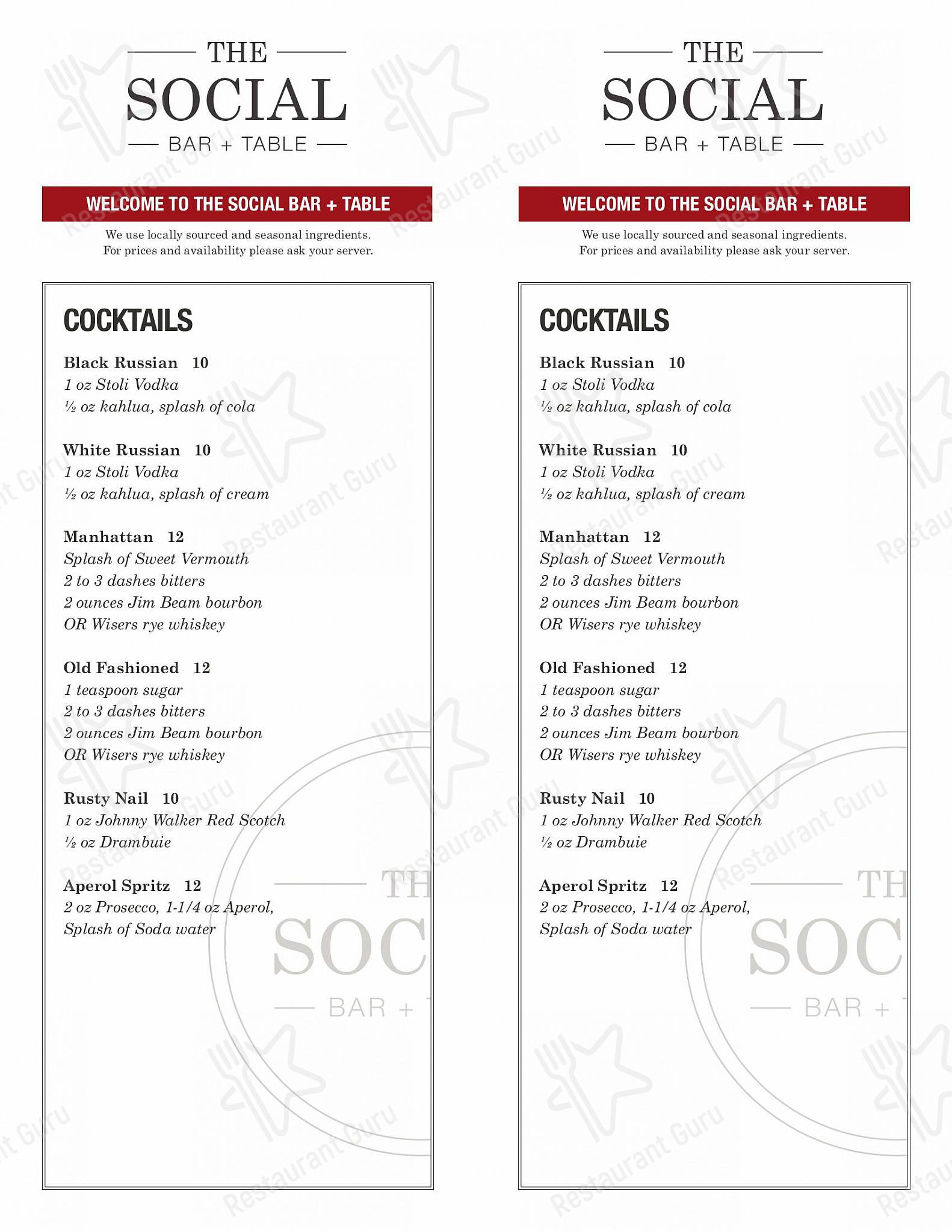 Menu at The Social Bar + Table, Port Hope