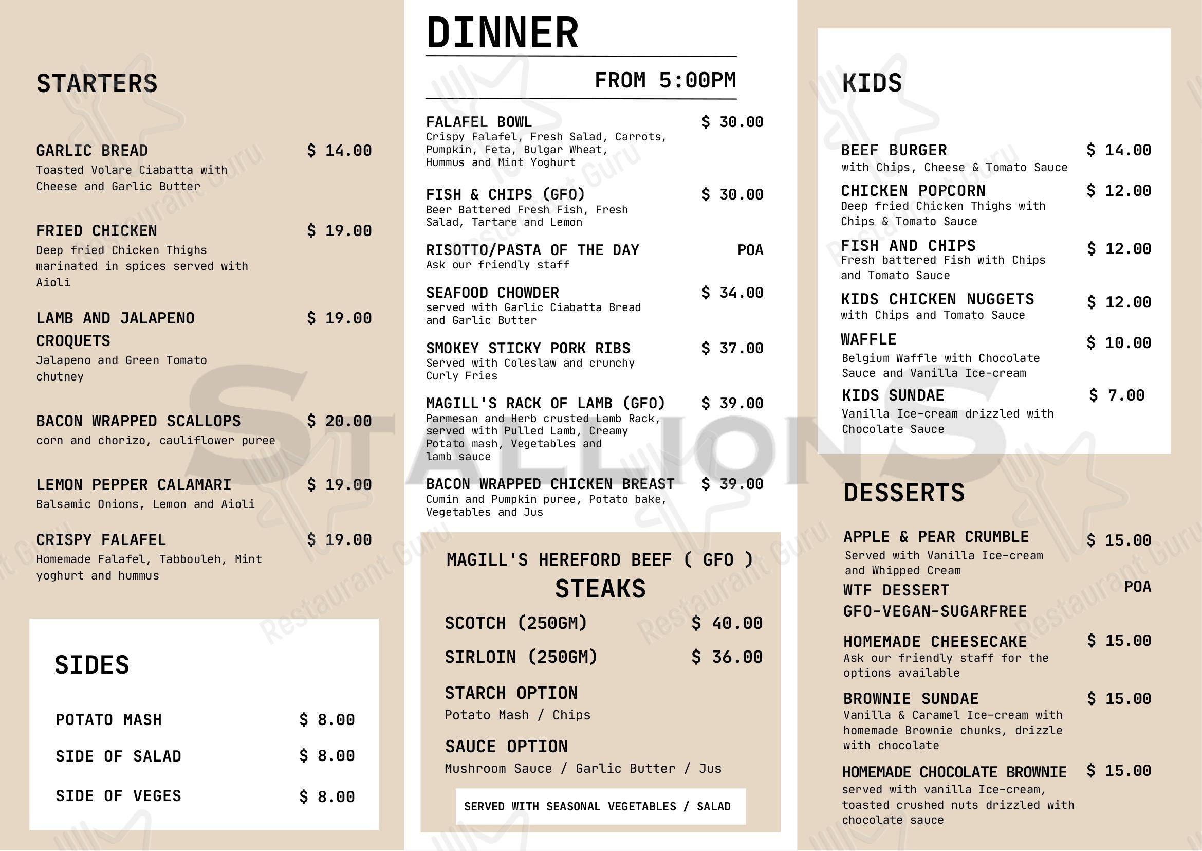 Menu at Stallions Te Awamutu pub & bar, Te Awamutu