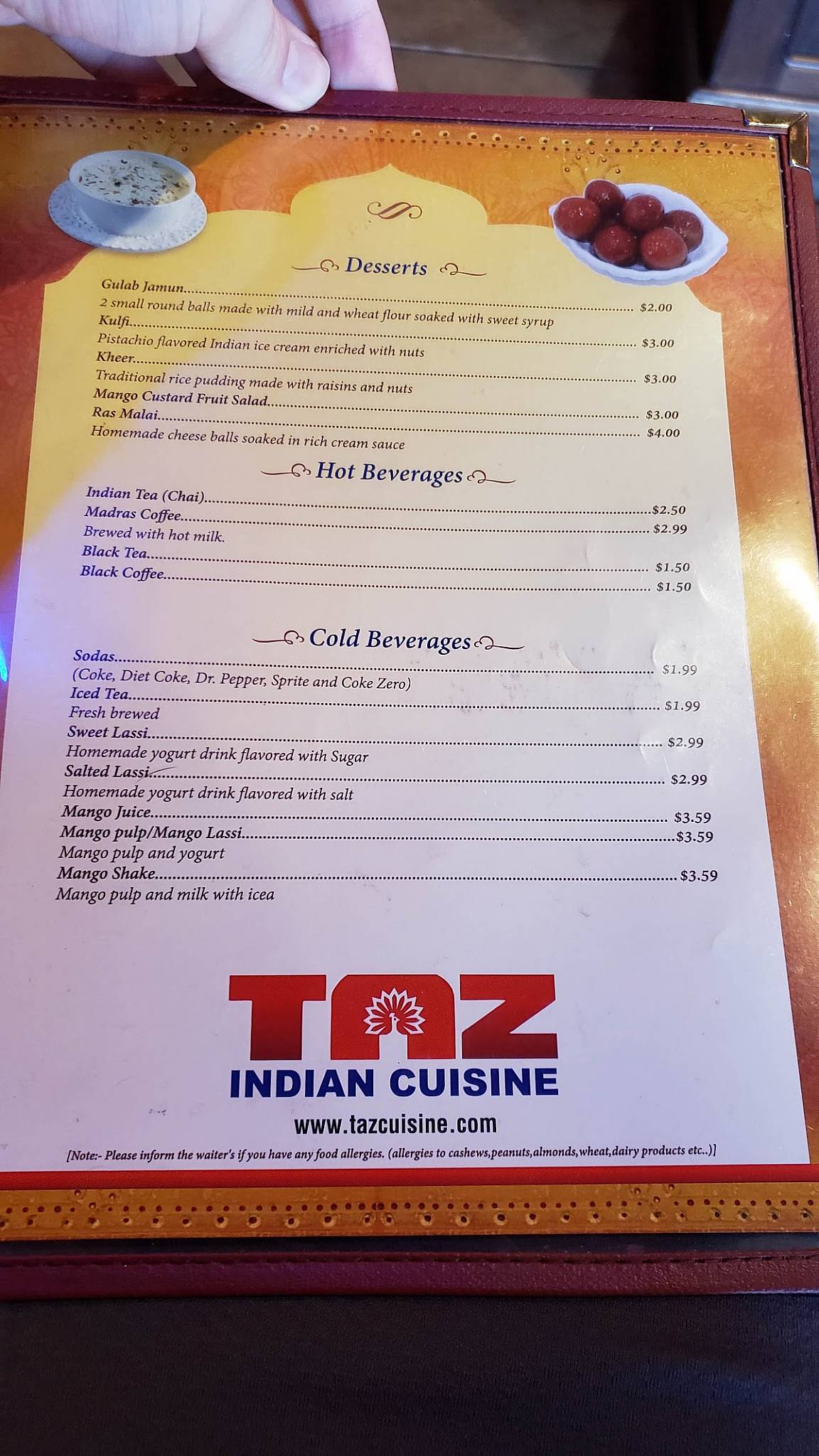 Menu at TAZ Indian Cuisine Buffet Restaurant Indian Restaurant Indian ...