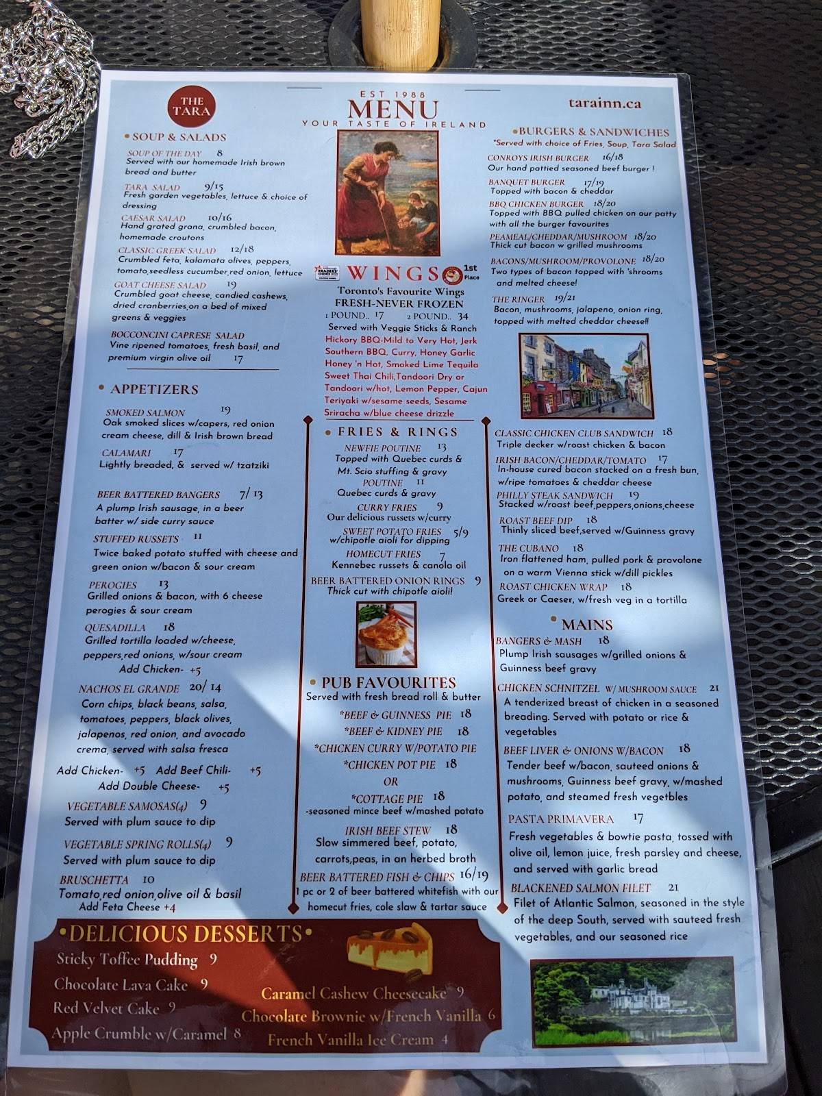Menu at Tara Inn pub & bar, Toronto, Kingston Rd