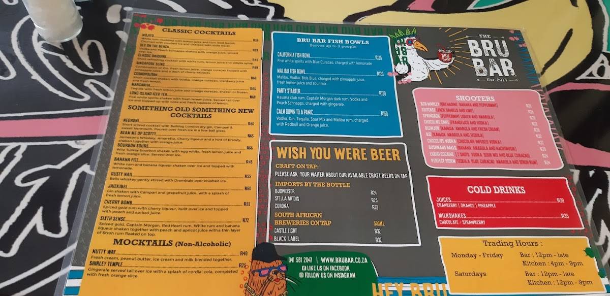 Menu at The Bru Bar, Port Elizabeth