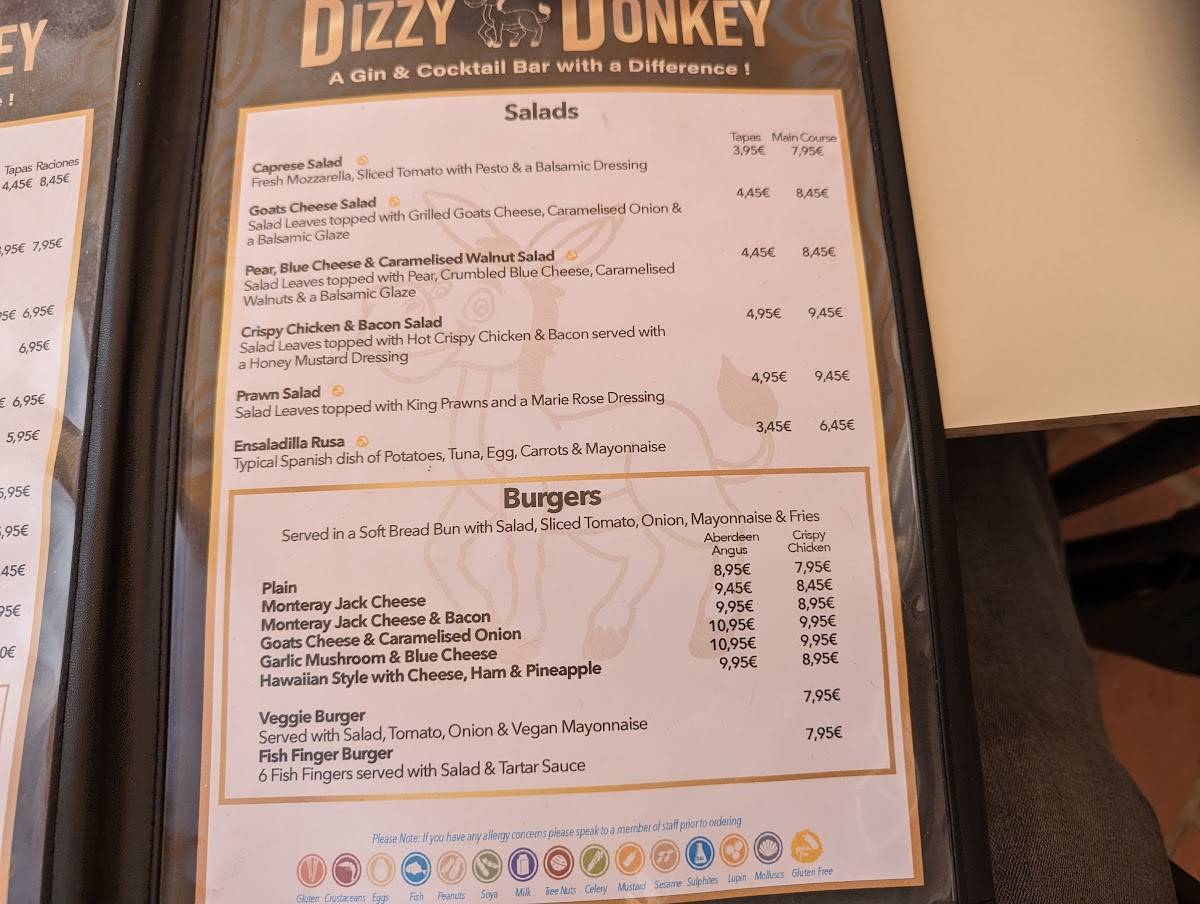 Menu at The Dizzy Donkey pub & bar, Benalmádena
