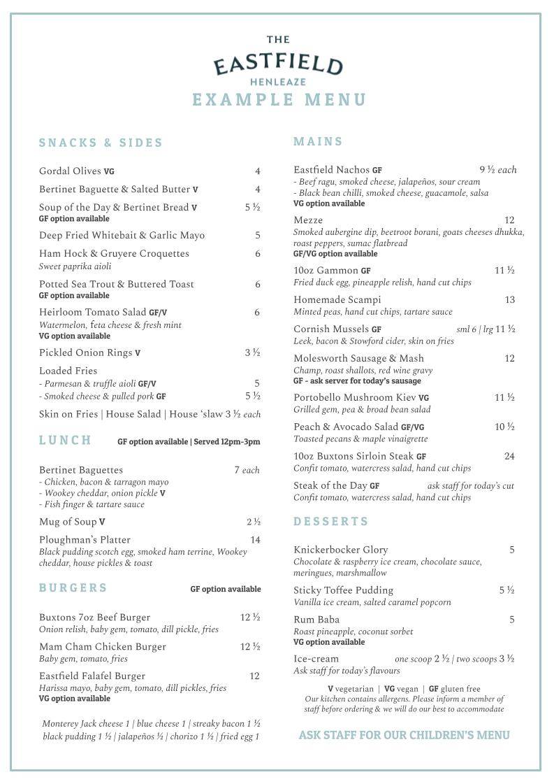 Menu at The Eastfield pub & bar, Bristol