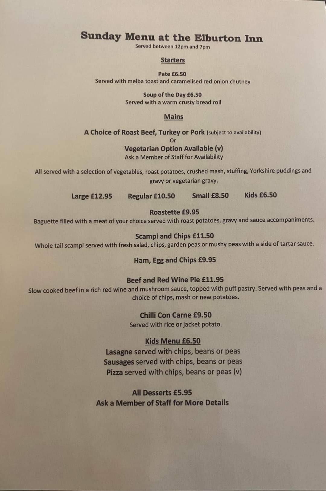 Menu at The Elburton Inn pub & bar, Plymouth