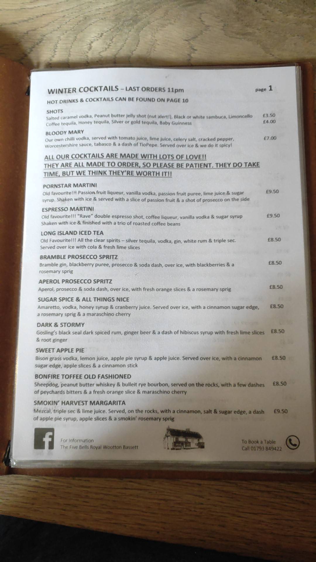 Menu at The Five Bells pub & bar, Swindon