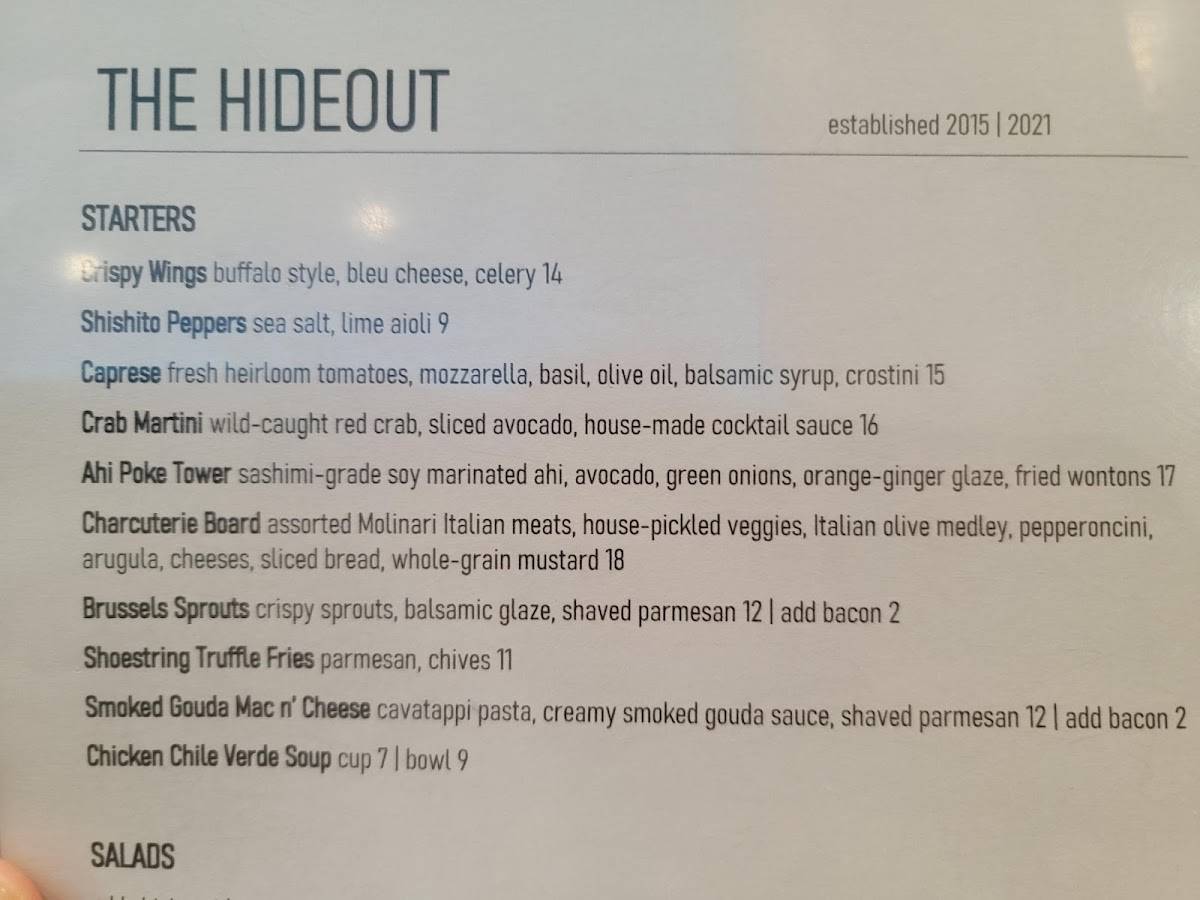 Menu at The Hideout pub & bar, Aptos