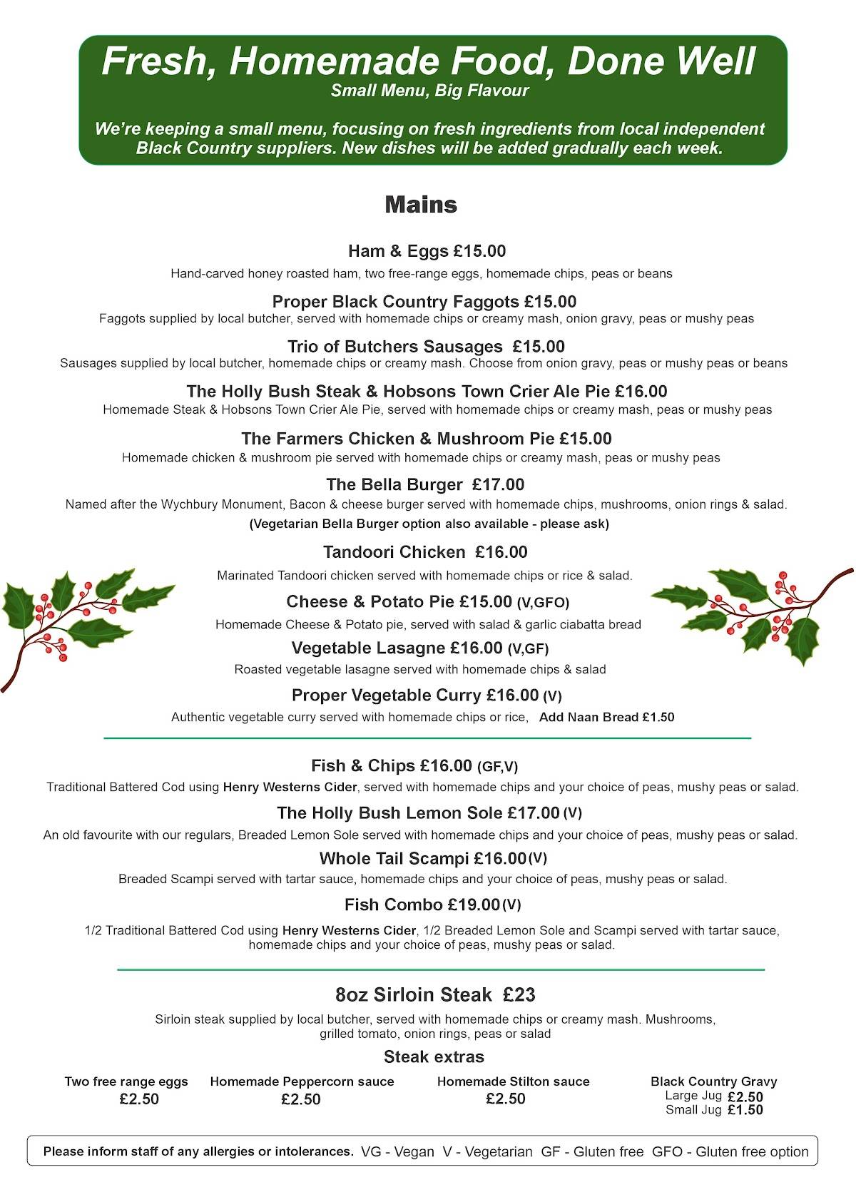 Menu at The Holly Bush, Belbroughton pub & bar, Stourbridge