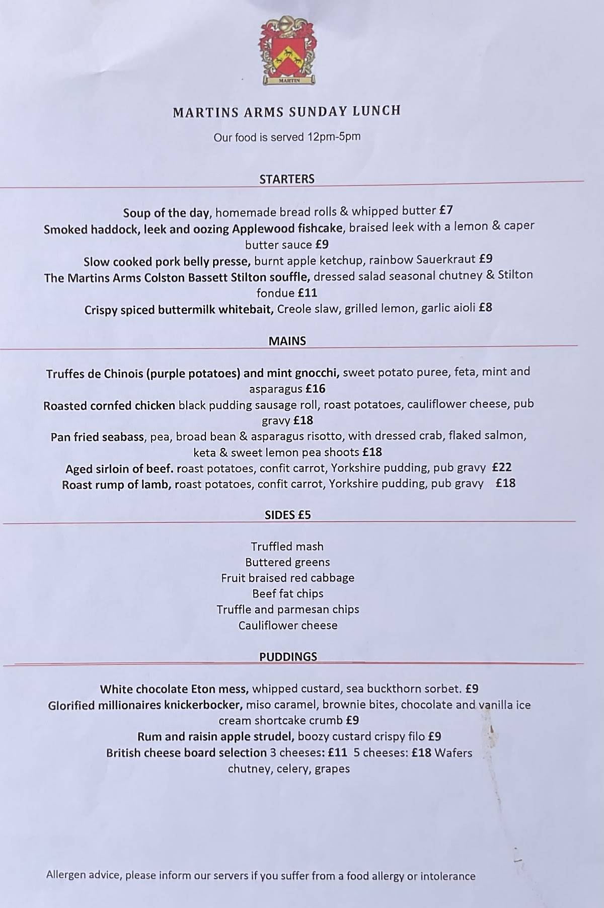Menu at The Martins pub & bar, Colston Bassett