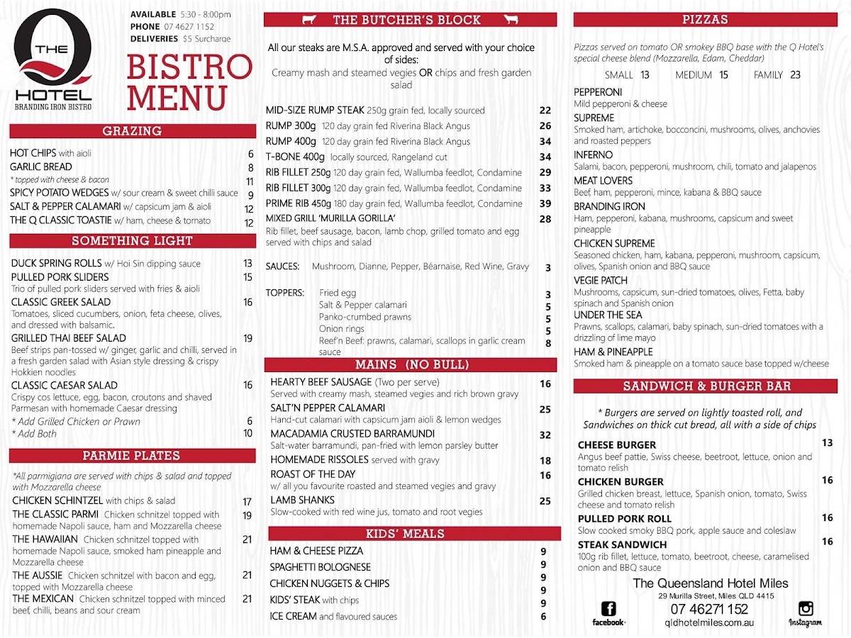 Menu at The Queensland Hotel pub & bar, Miles