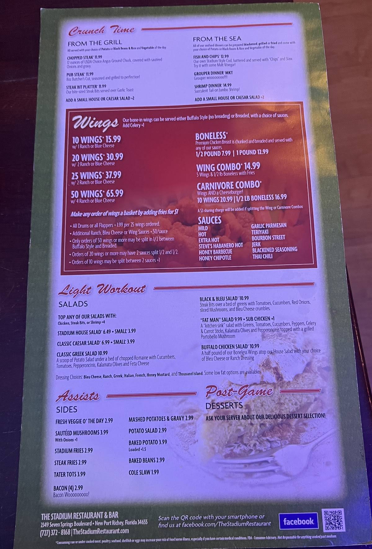 Menu at The Stadium pub & bar, New Port Richey, Seven Springs Blvd