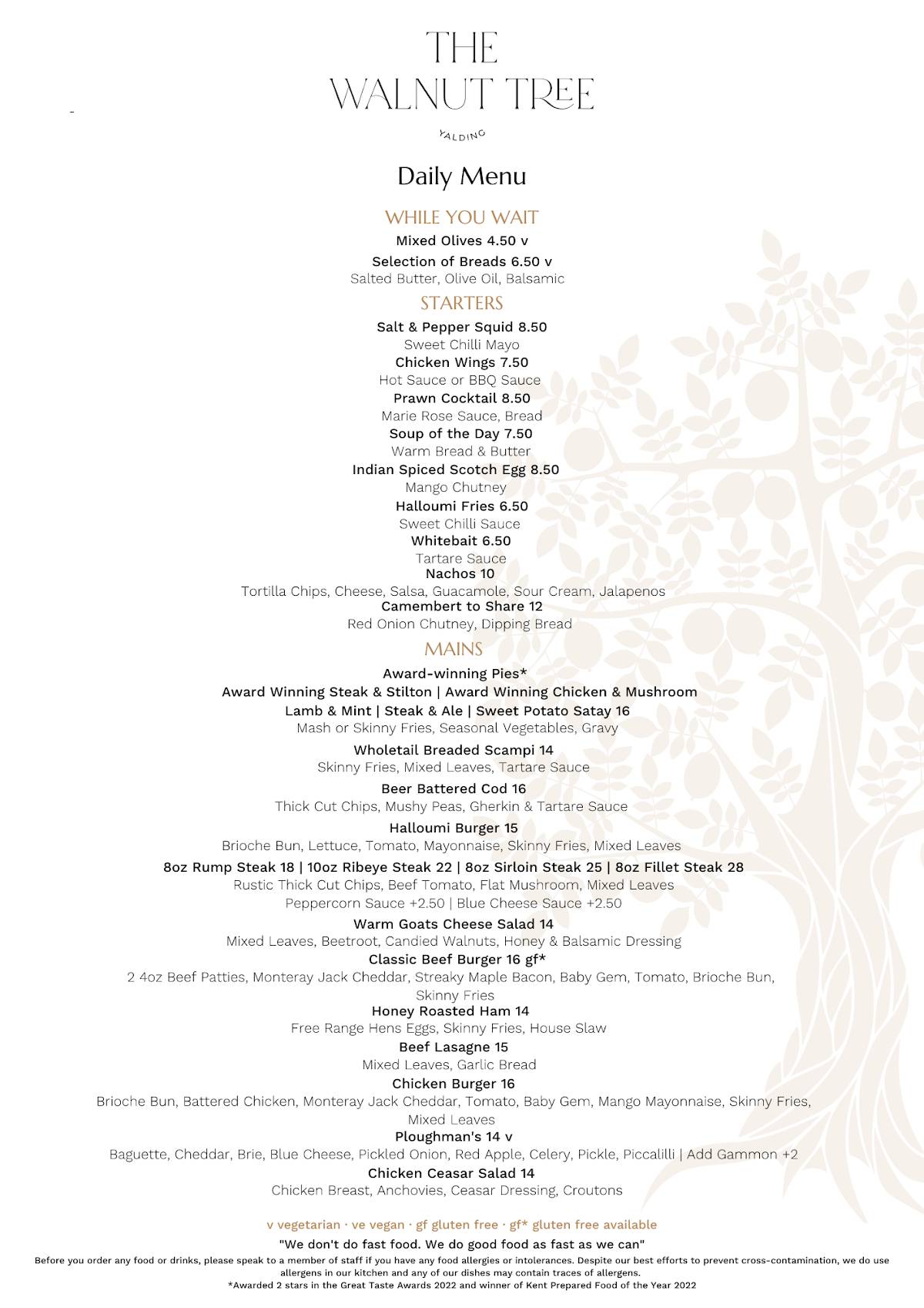 Menu at The Walnut Tree pub & bar, Maidstone, Yalding Hill