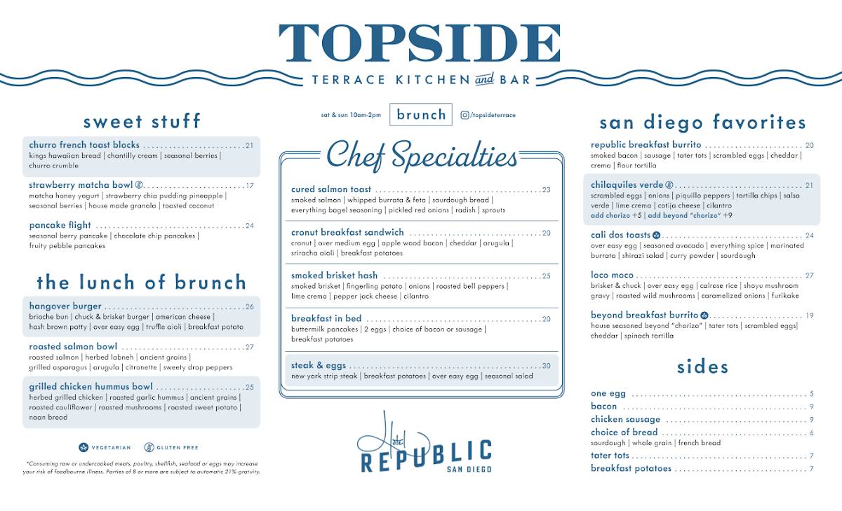 Menu at Topside Terrace Kitchen & Bar, San Diego
