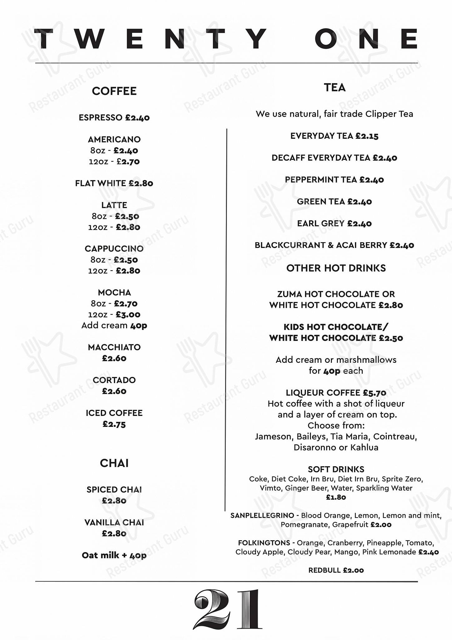 Menu at Twenty One restaurant, Kirkwall