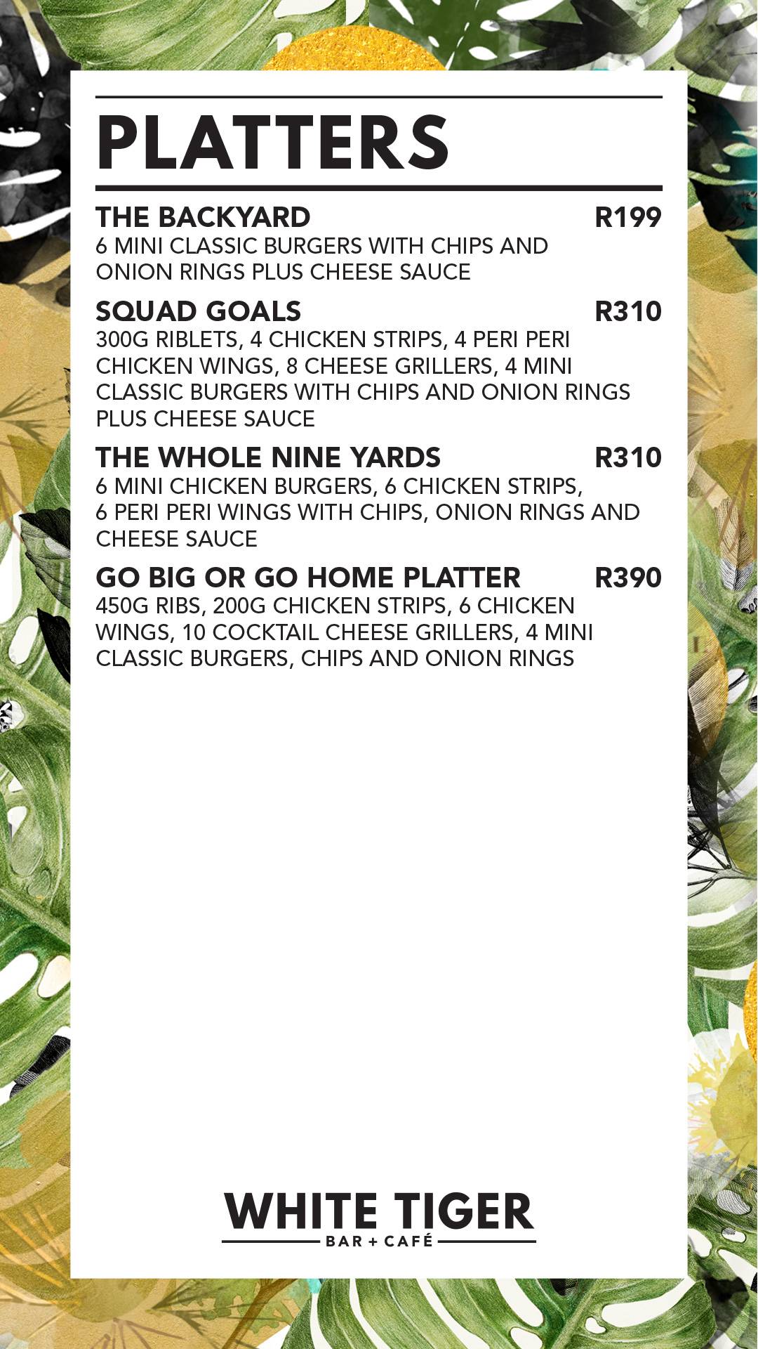 Menu at White Tiger Bar+Cafe, Port Elizabeth