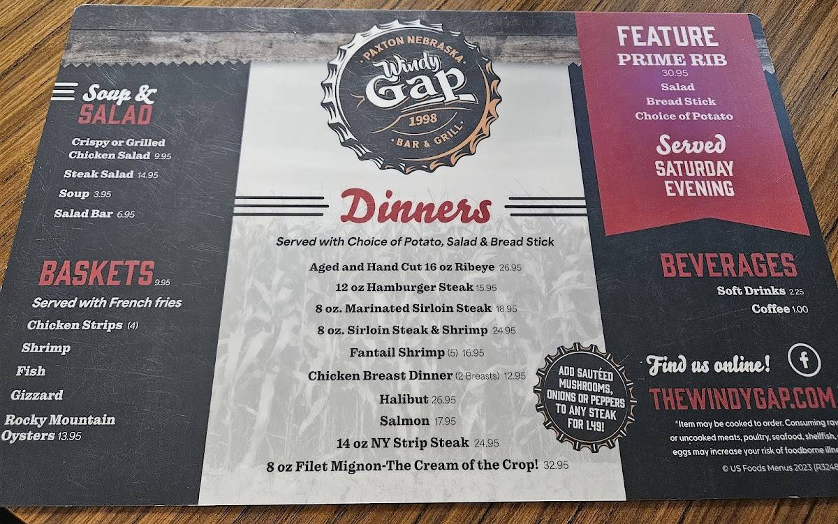Menu at Windy Gap Saloon & Grill pub & bar, Paxton, 120 N Oak St