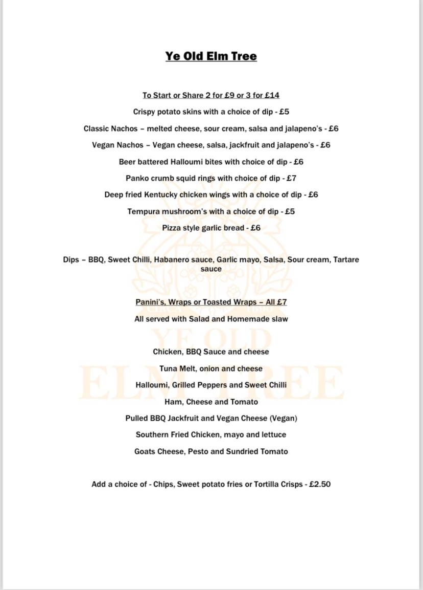 Menu at Ye Old Elm Tree pub & bar, Durham