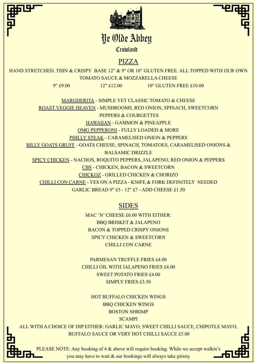 Menu at Ye Olde Abbey pub & bar, Peterborough