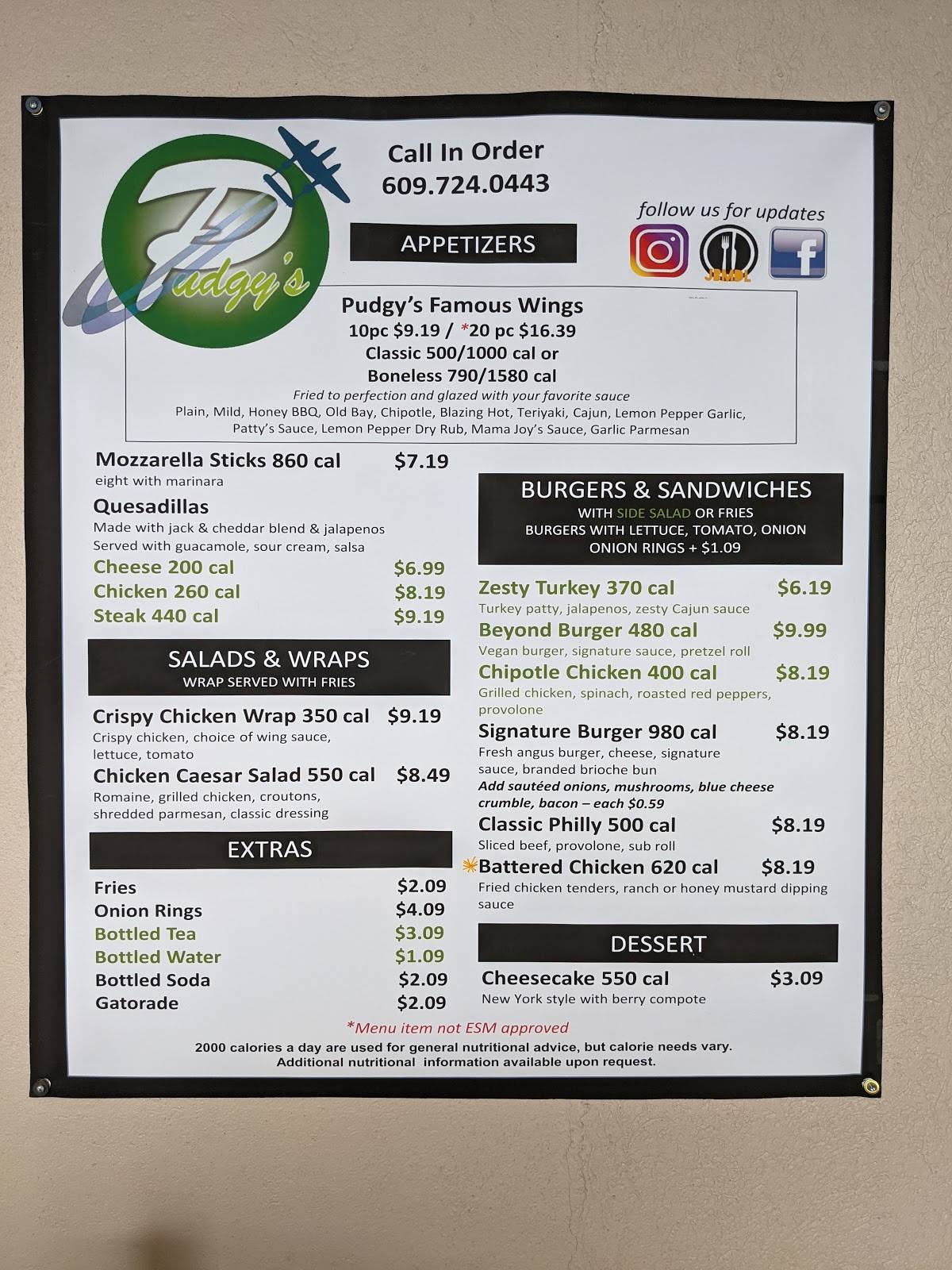 Menu at Pudgy's Sport Pub, McGuire Air Force Base