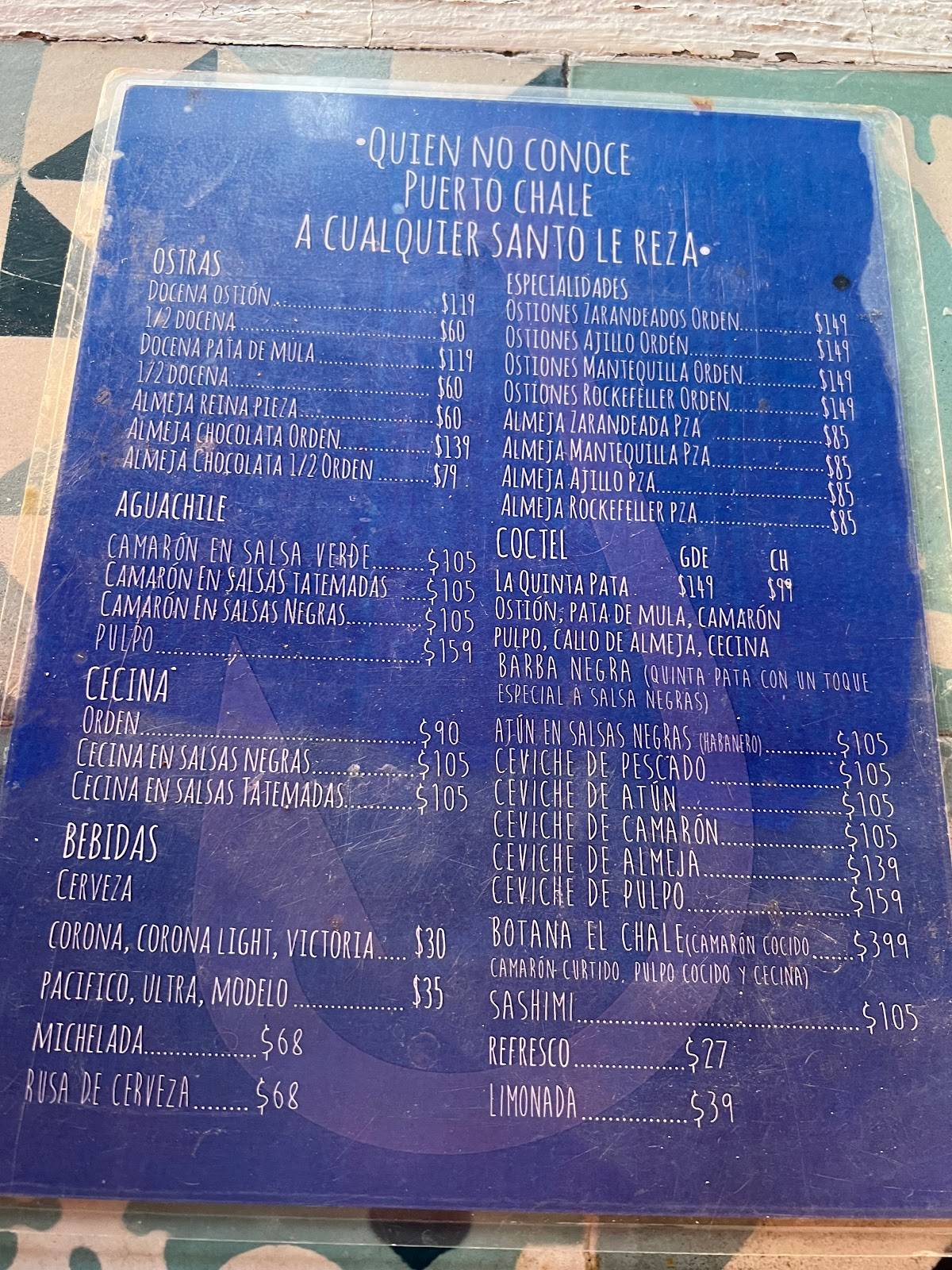 Carta del restaurante Puerto Chale, Guadalajara, Av. Cvln. Dr. Atl 250