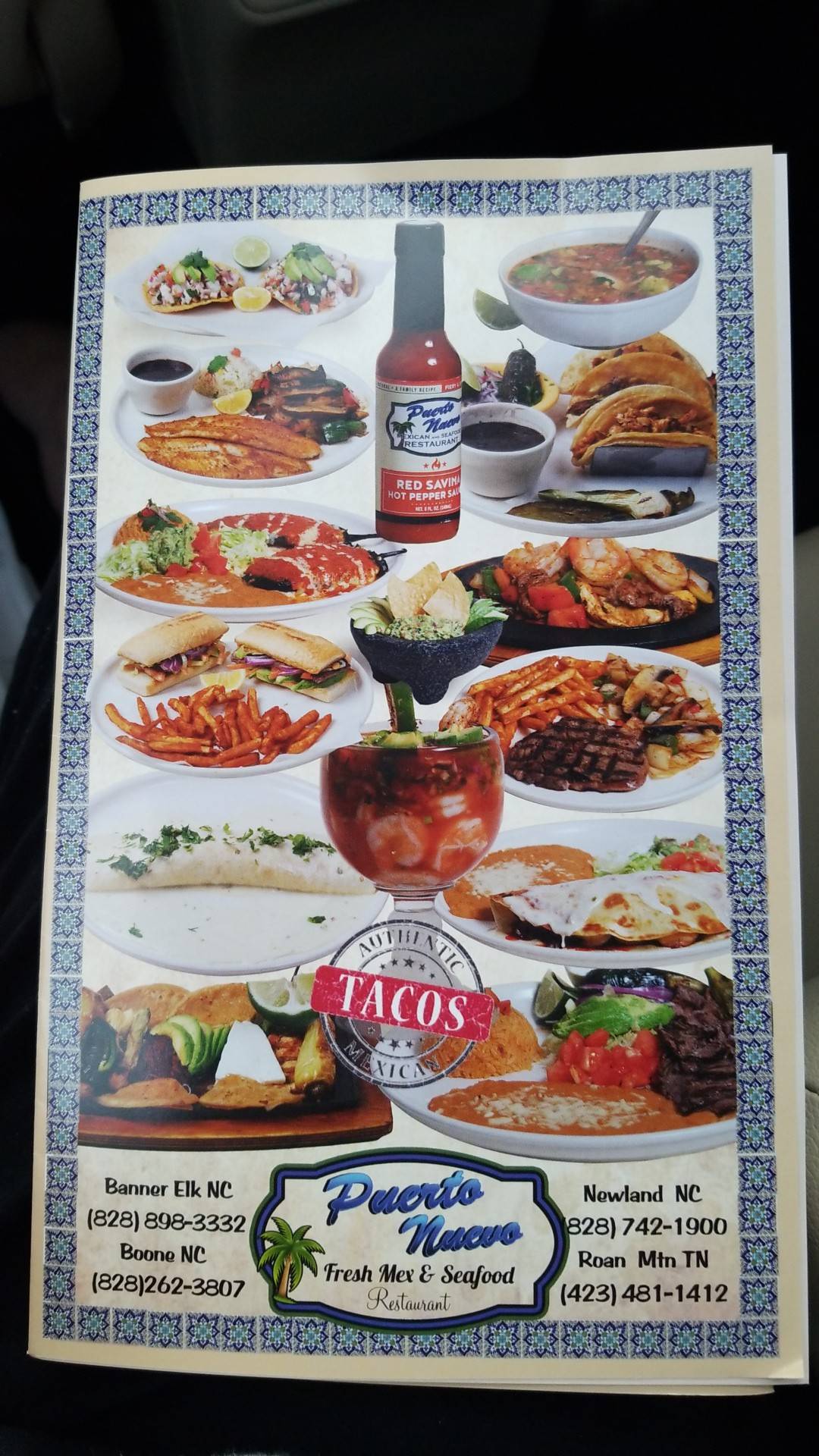 Menu at Puerto Nuevo Mexican & Seafood Restaurant, Roan Mountain, US-19E