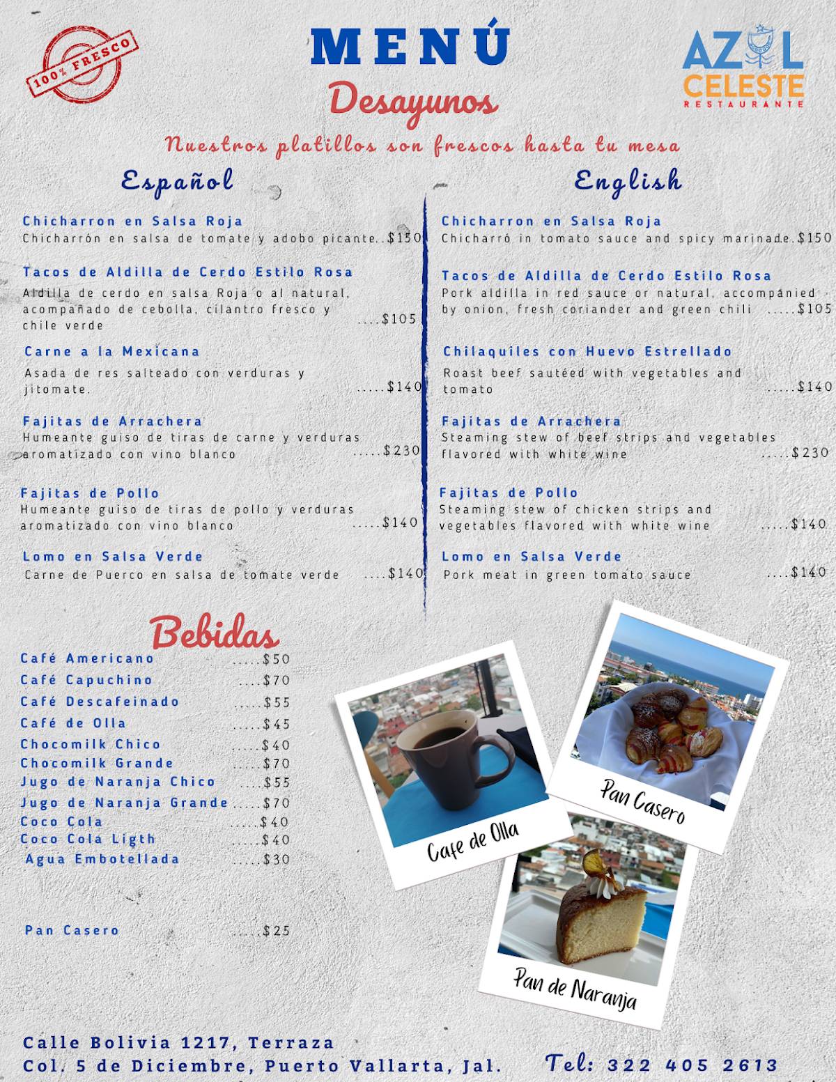 Menu at Azul Celeste Restaurant & Bar, Puerto Vallarta