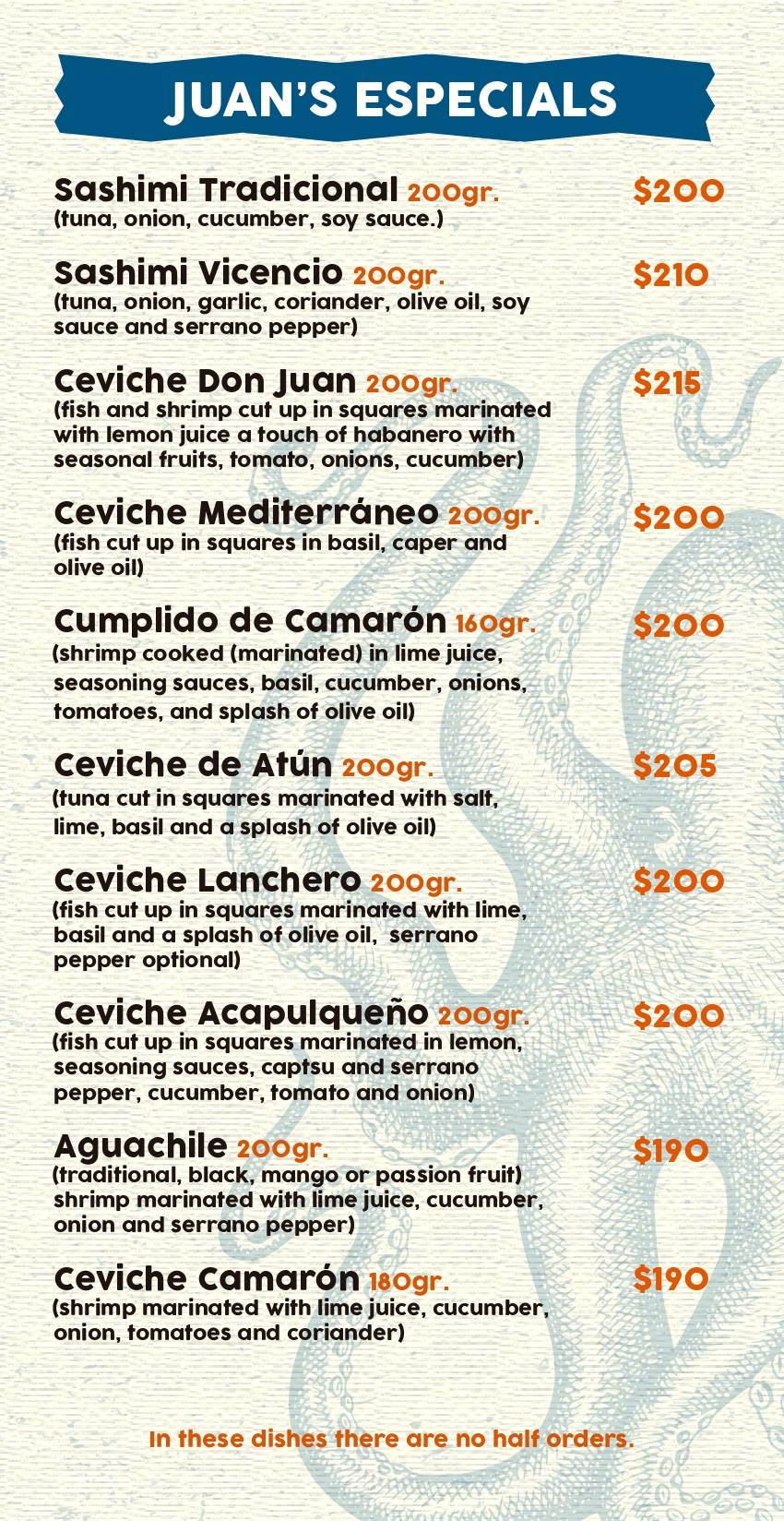 Menu at Juan Tiburón restaurant, Puerto Vallarta, Viena 131