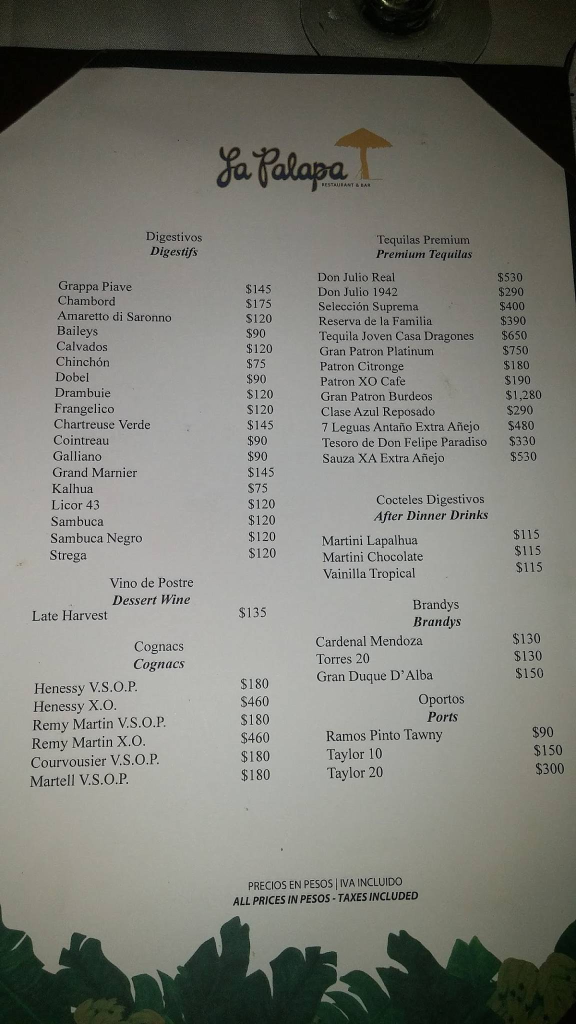 Menu at La Palapa Restaurant, Puerto Vallarta, Púlpito 105-3