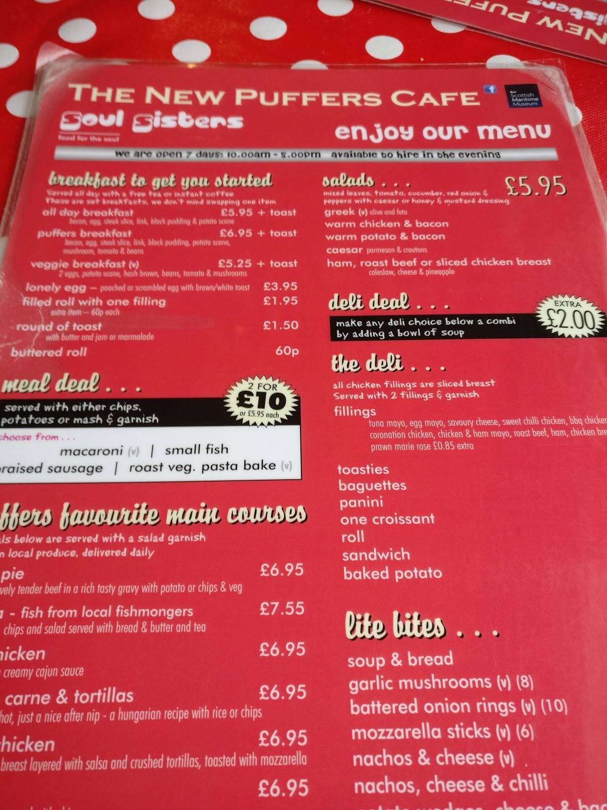 Menu at Puffers Café Bistro cafe, Irvine, Scottish Maritime Museum