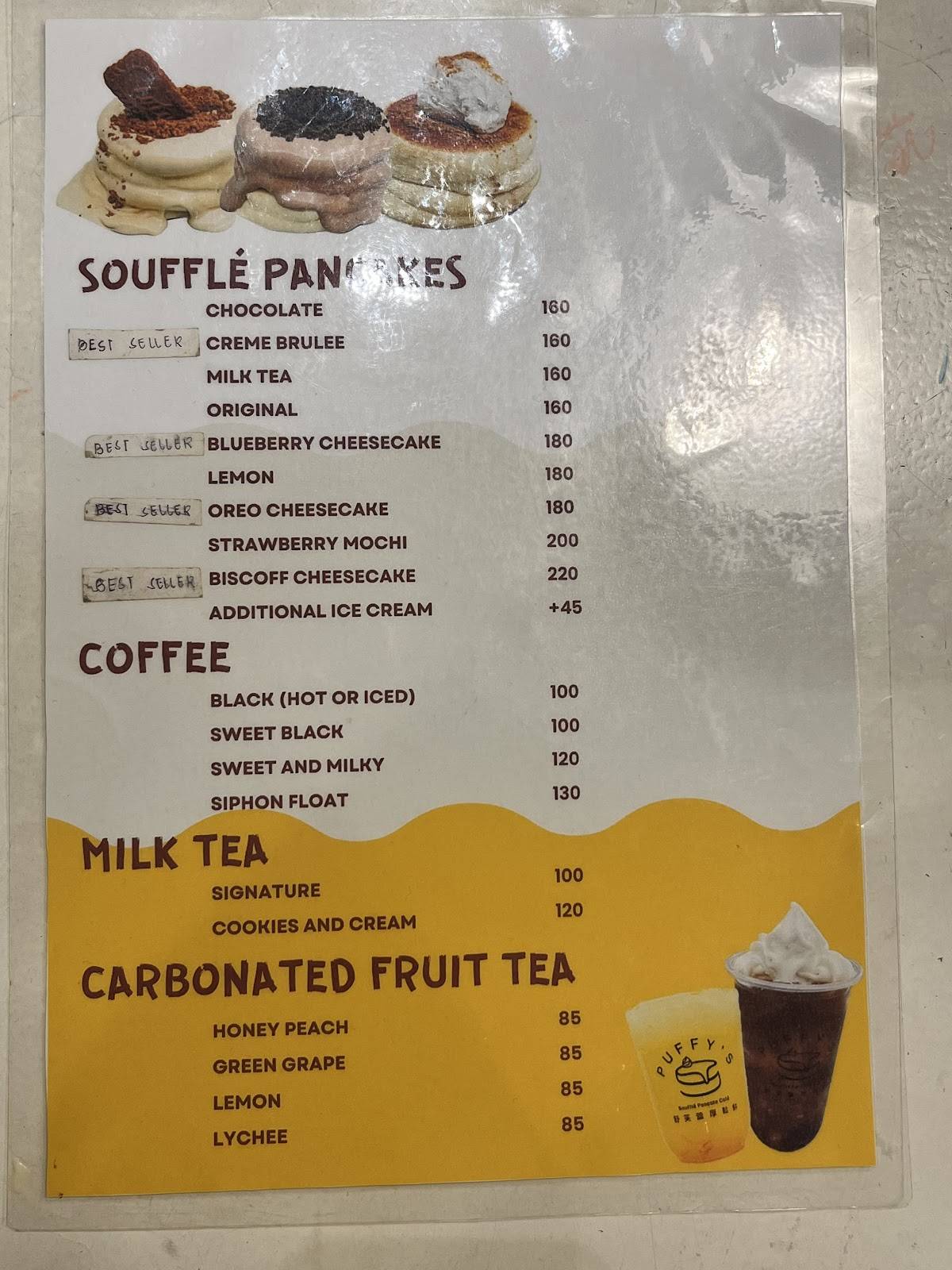 Menu at Puffy's Souffle Pancake restaurant, Quezon City, J27Q+R23