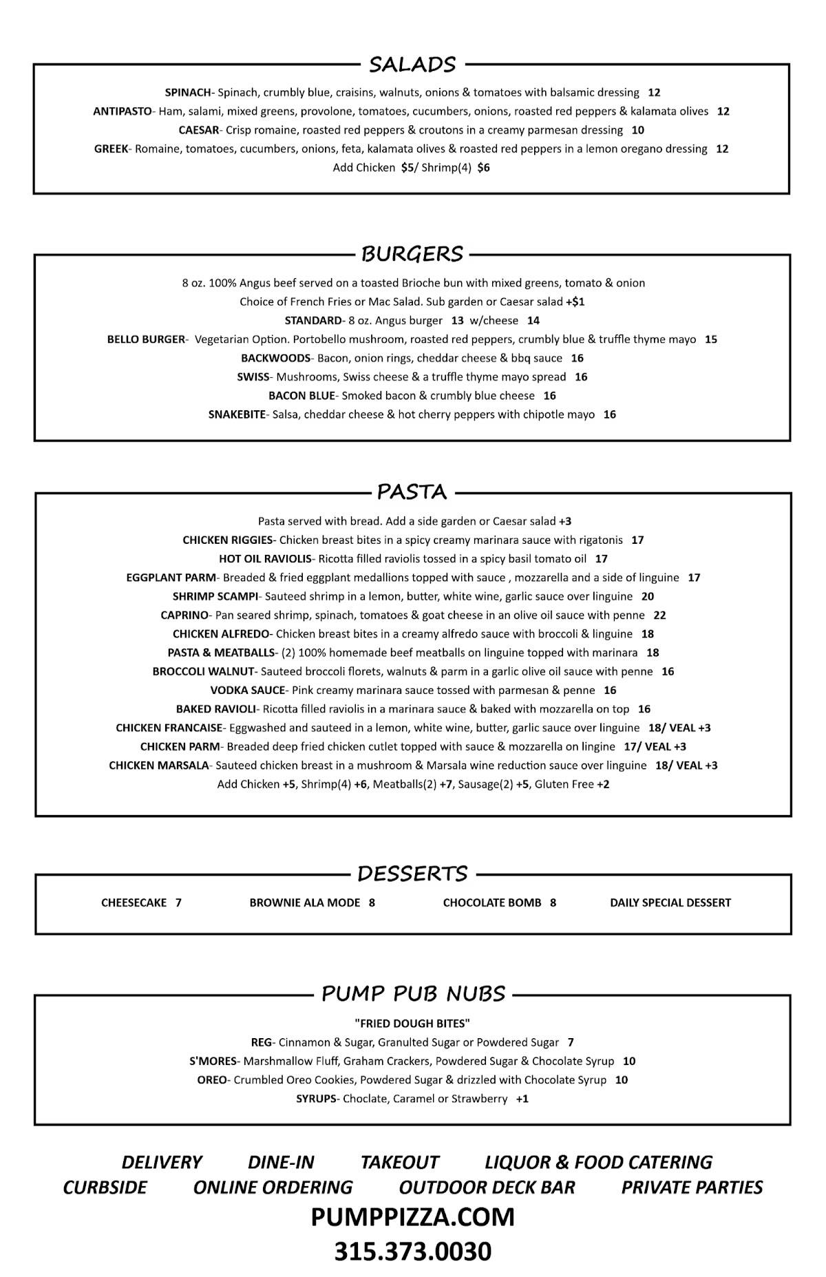 Menu at Pump Pizza Pub, Syracuse