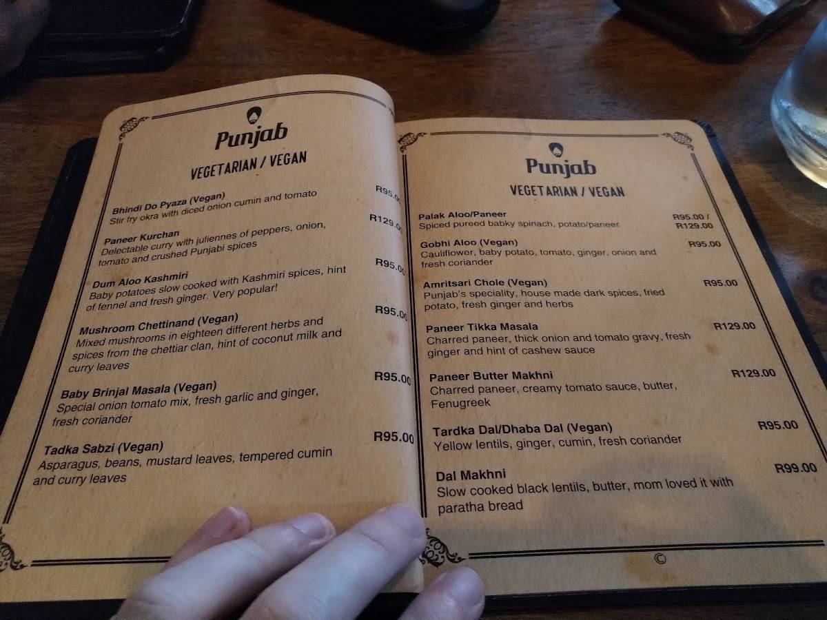 Menu at Punjab restaurant, Stellenbosch
