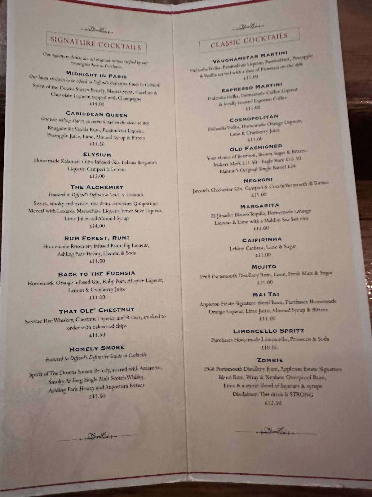 Menu at Purchases Chichester pub & bar, Chichester