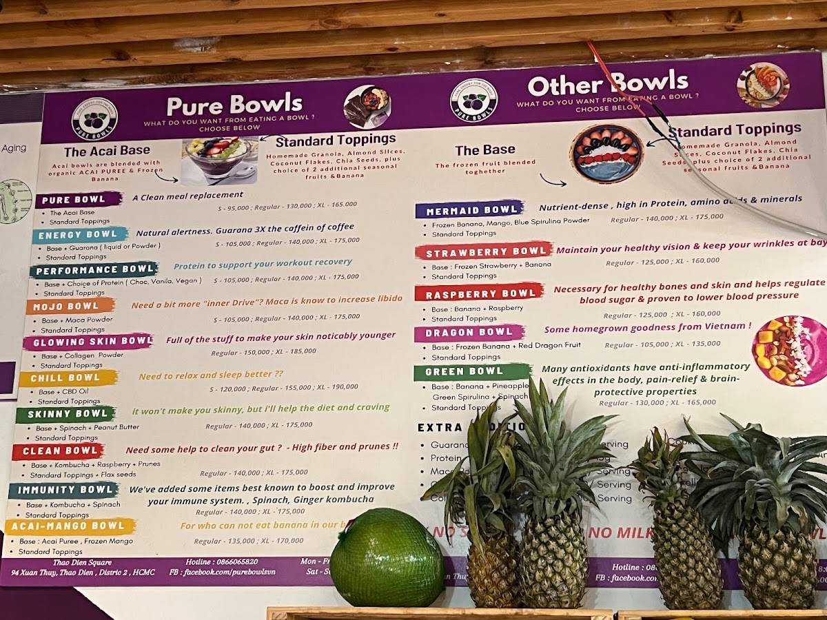 Menu at Pure Bowls ( Acai Bowls ) restaurant, Ho Chi Minh City