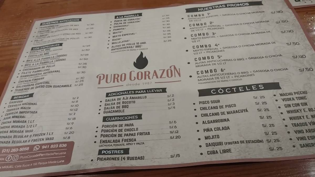 Carta de Puro Corazón Parrillada Peruana, San Miguel, Parque Principal 155