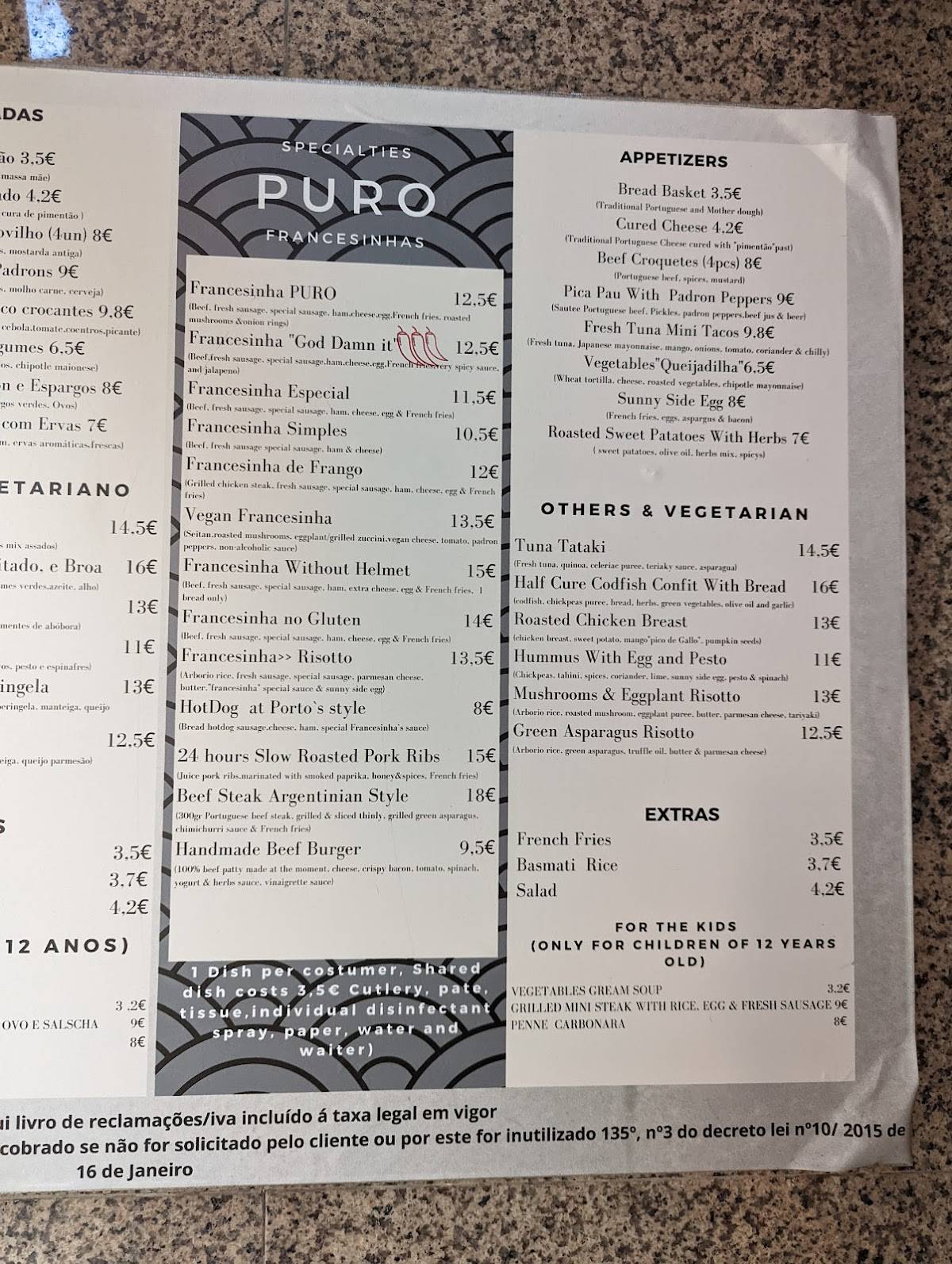 Menu em Puro restaurante, Lisboa