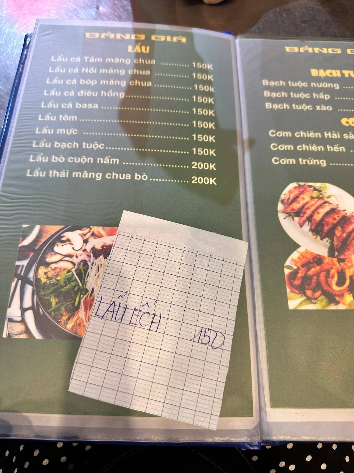 Menu at Quán Ốc Ngon restaurant, Ho Chi Minh City, 208 Đ. Man Thiện