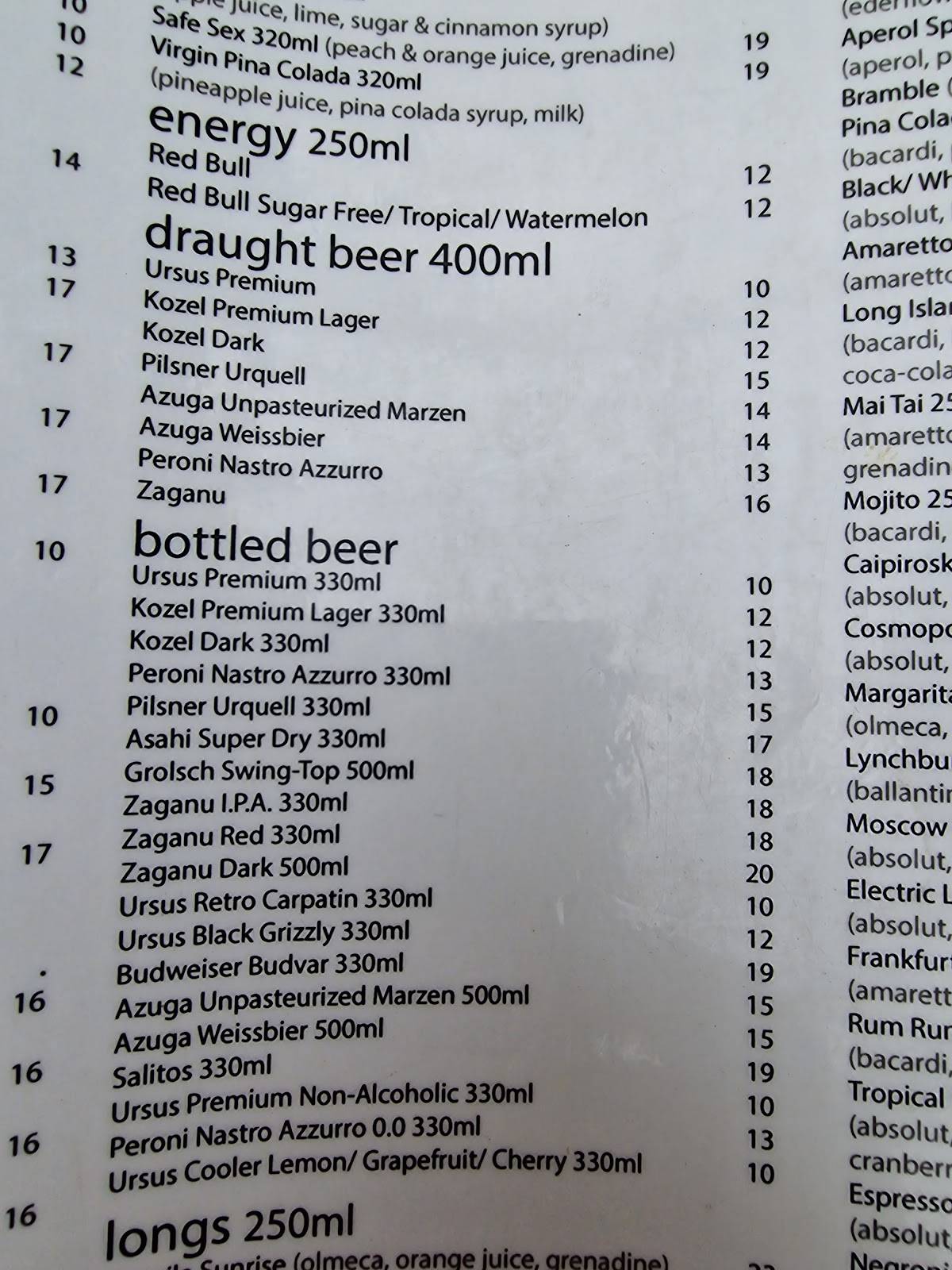 Menu at Quantic Pub, Bucharest