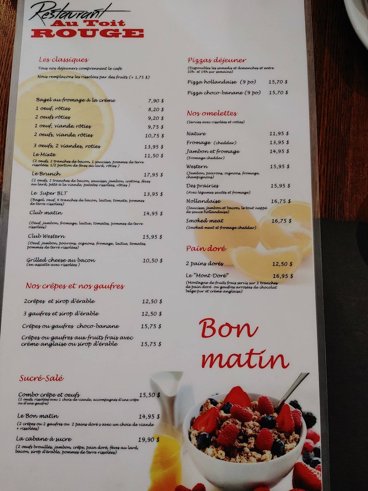 Menu au Restaurant Au Toit Rouge, Québec