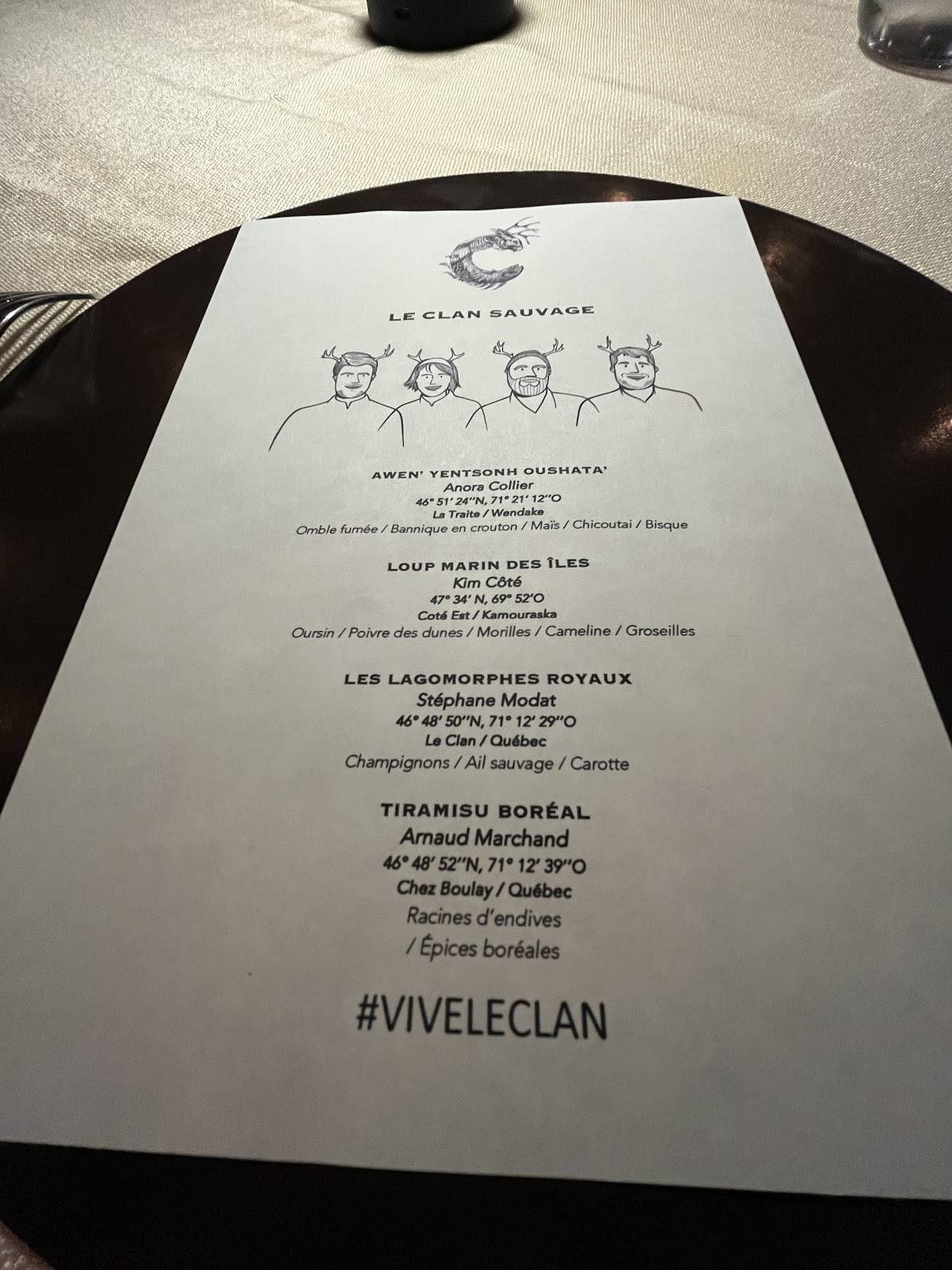 Carta de Restaurant Le Clan, Quebec