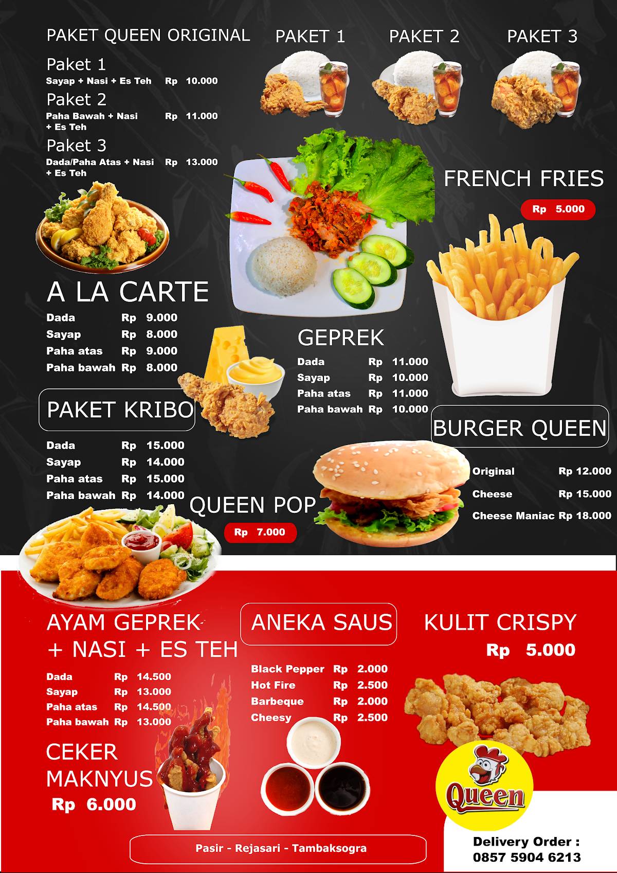 Menu at Queen Fried Chicken restaurant, Purwokerto