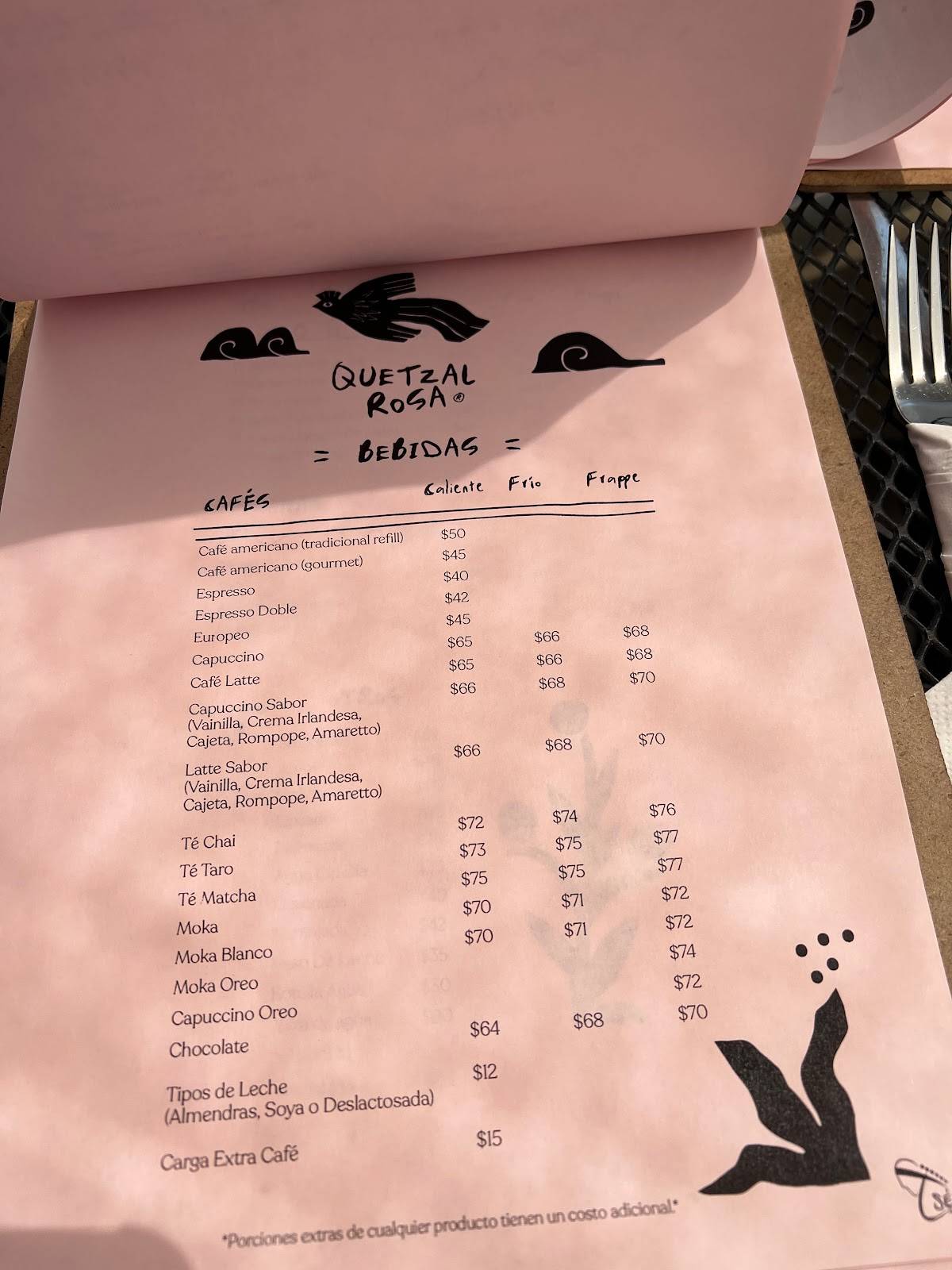 Carta del restaurante Quetzal Rosa, Santiago del Querétaro