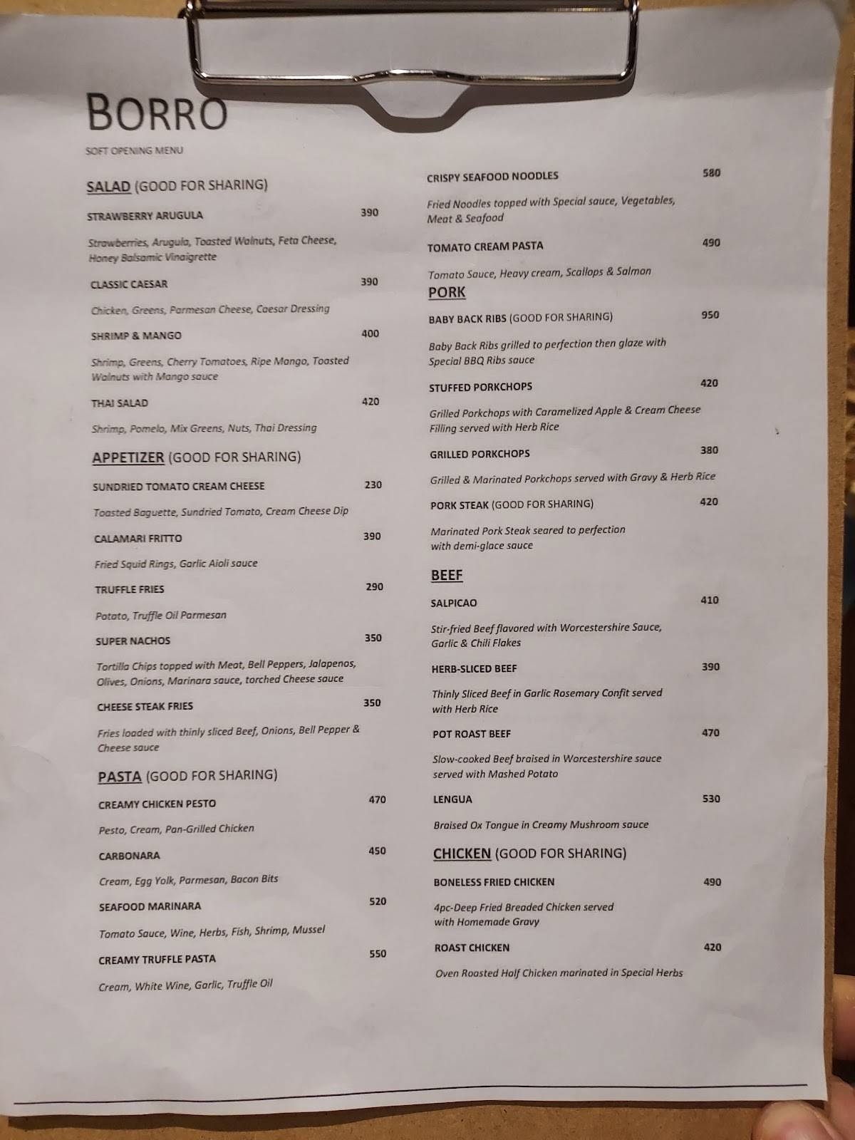 Menu at Borro restaurant, Quezon City