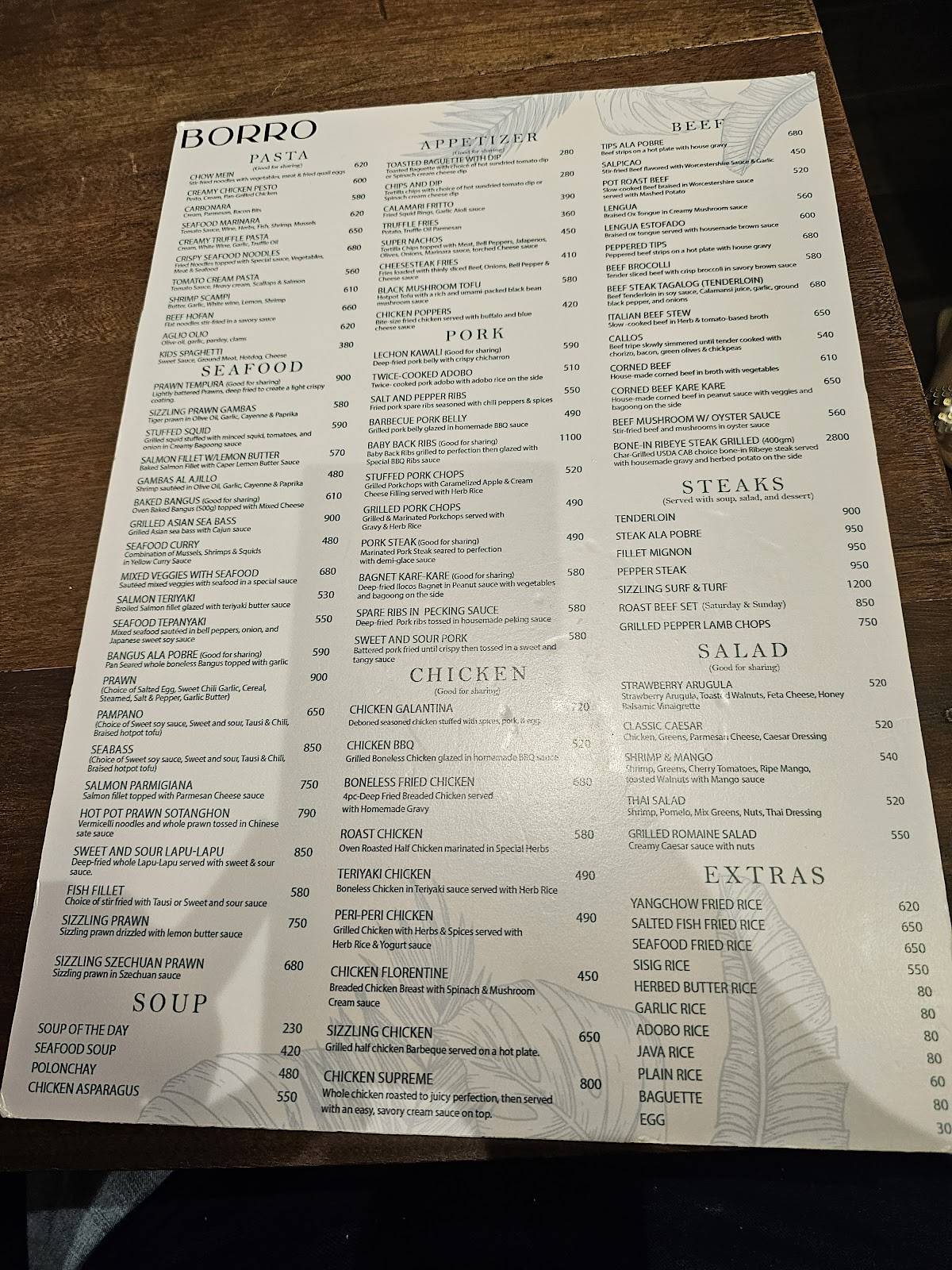 Menu at Borro restaurant, Quezon City