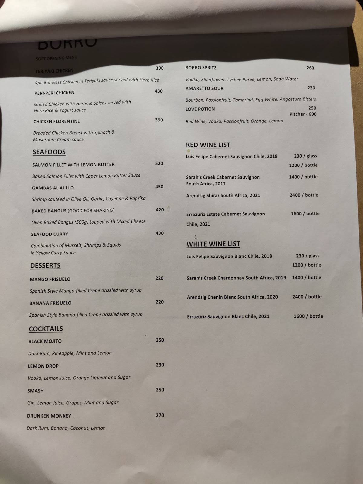 Menu at Borro restaurant, Quezon City